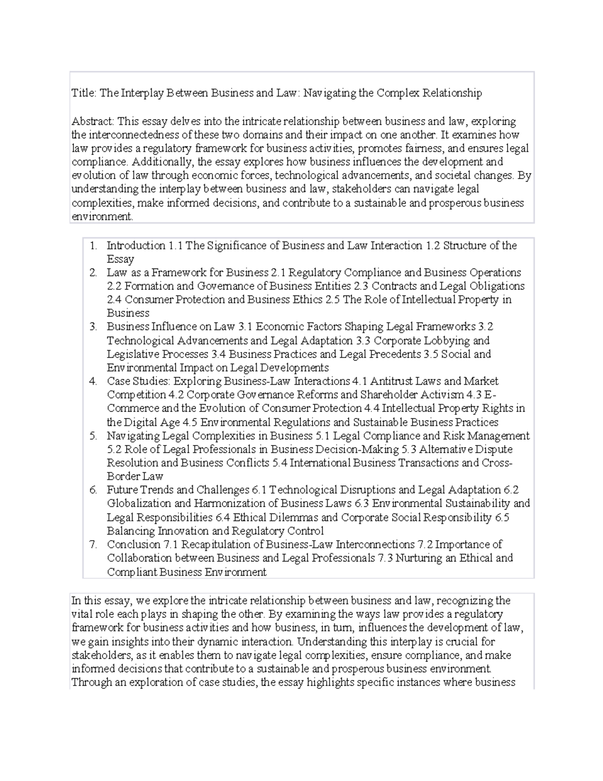 Introduction essay - Title: The Interplay Between Business and Law ...