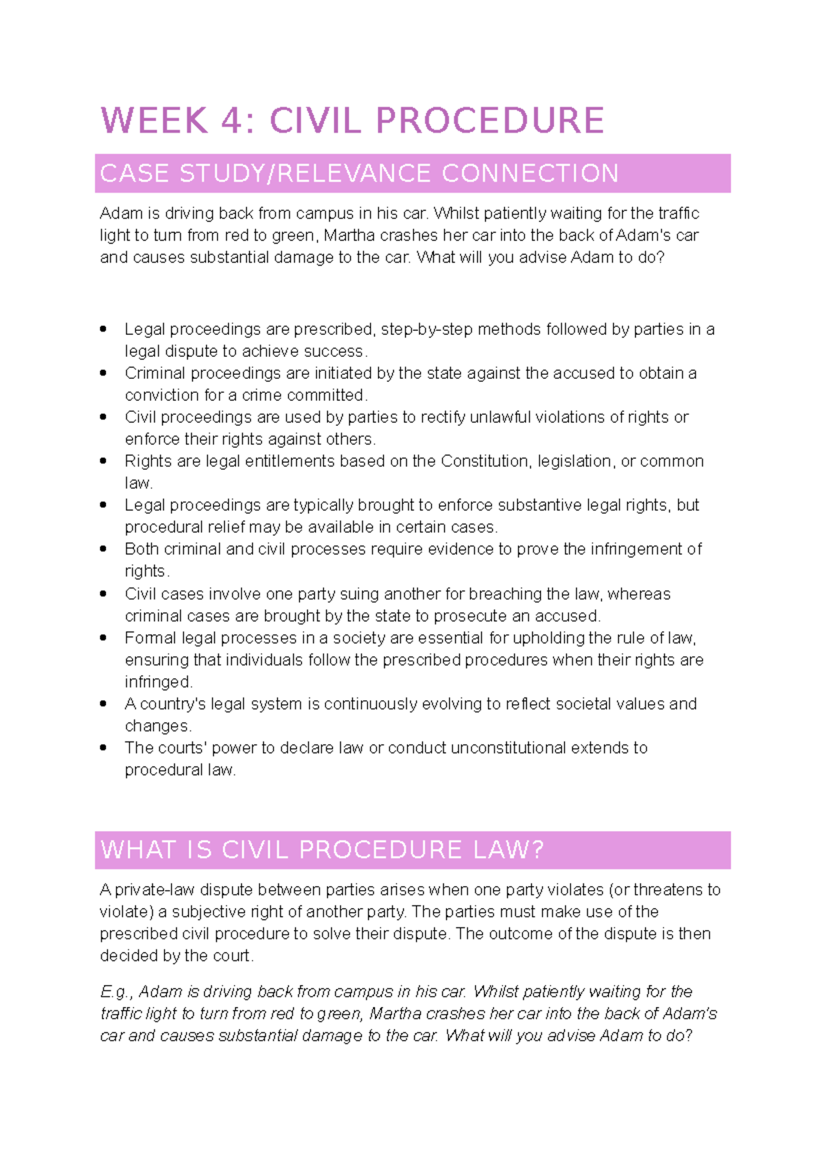 Week 4 - week 4 intro to law summaries. - WEEK 4: CIVIL PROCEDURE CASE ...