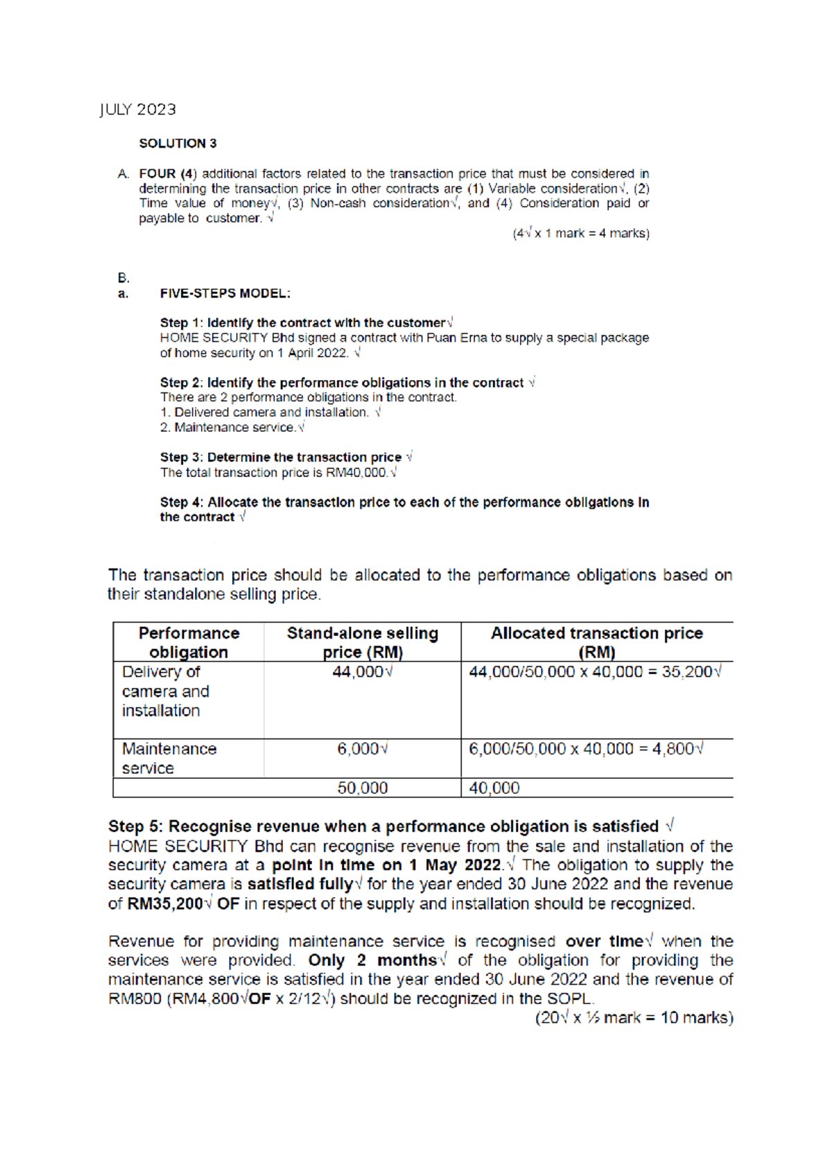 Solution MFRS 15 JULY 2023 FEB 2023 - Financial Accounting And ...