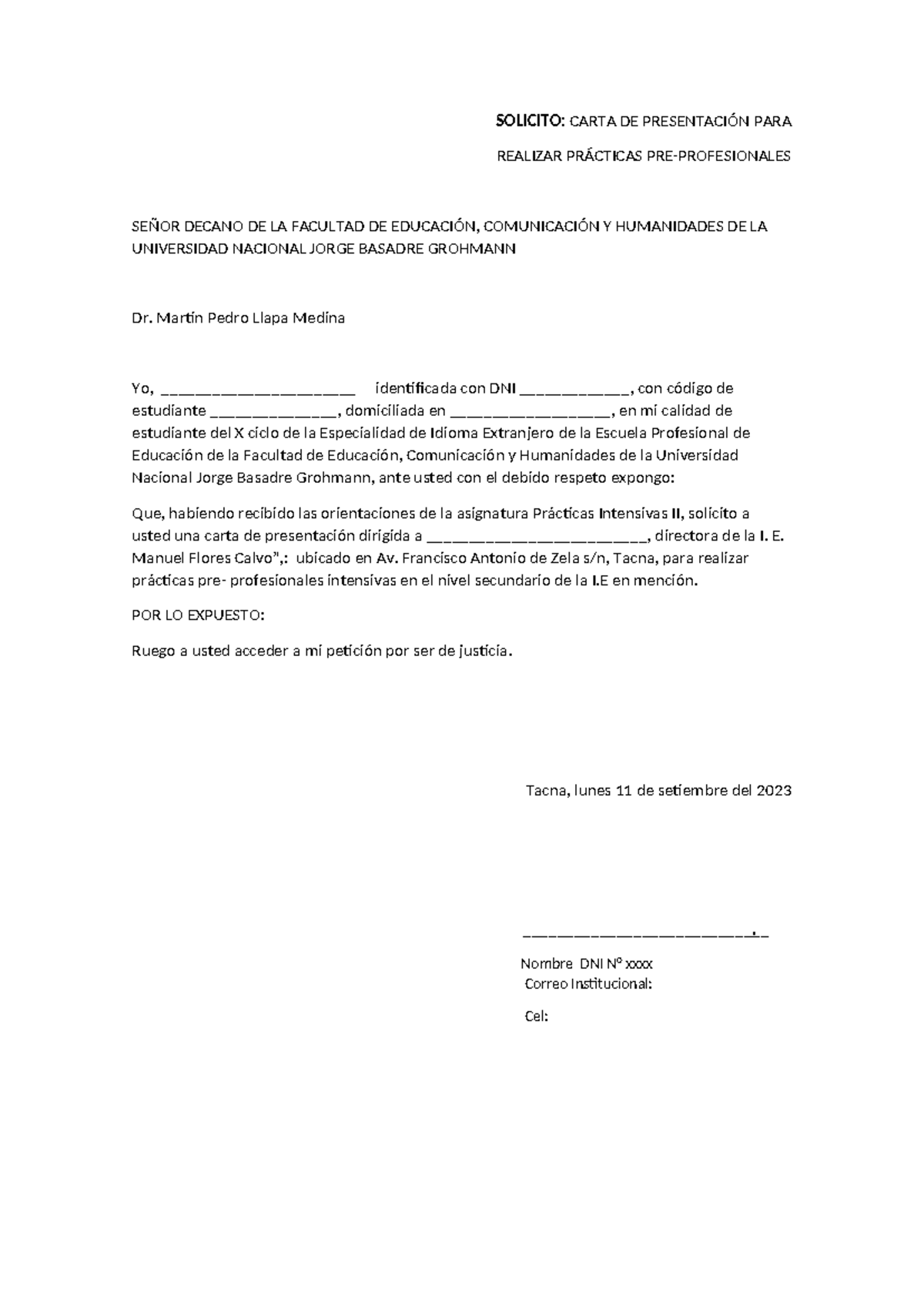 Ejemplo de solicitud de estudiante - SOLICITO: CARTA DE PRESENTACIÓN ...