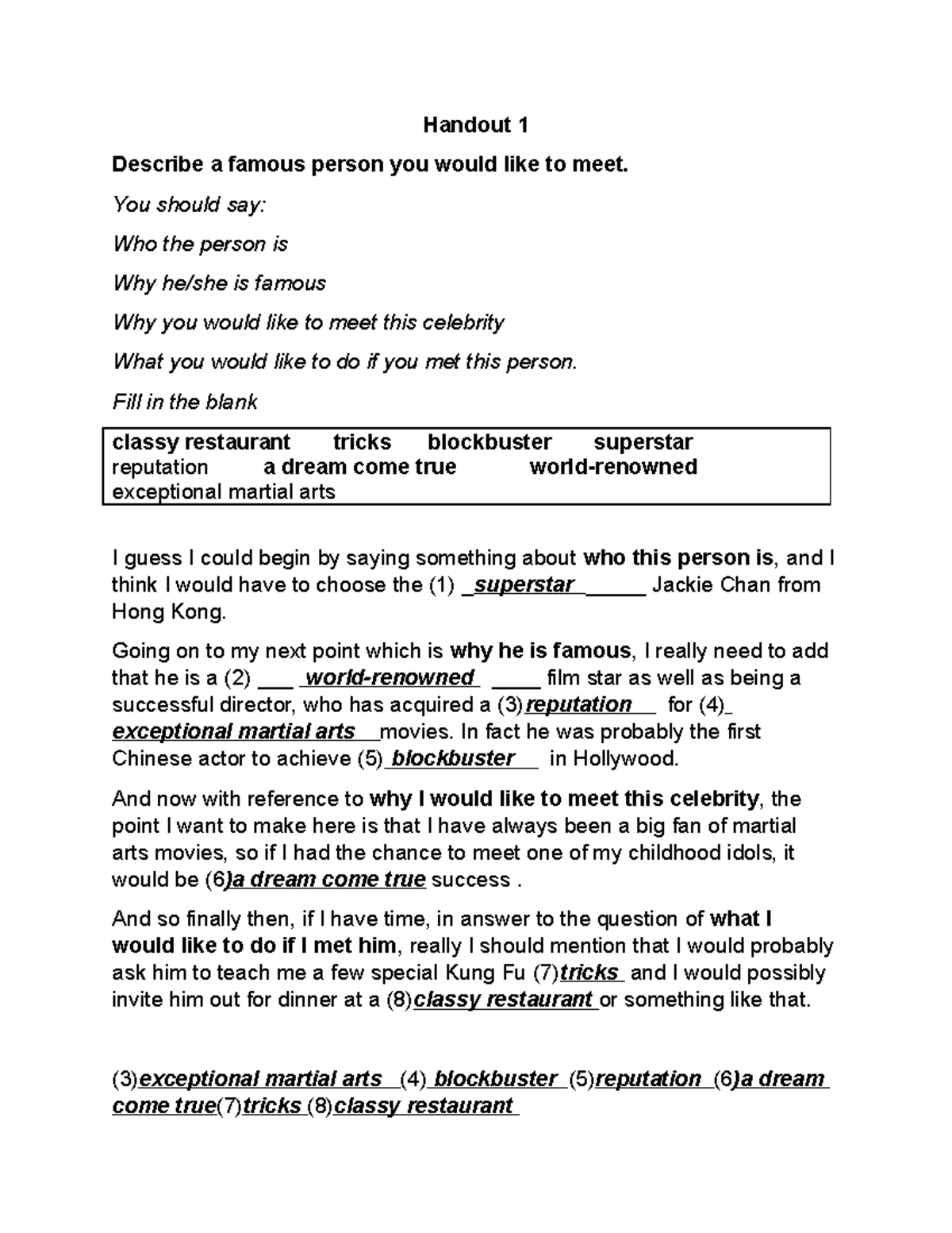 Handout - bài tập tự làm - Handout 1 Describe a famous person you would ...