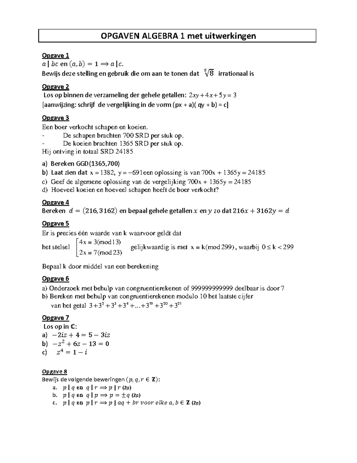 Algebra 1 vraagstukkenbundel - OPGAVEN ALGEBRA 1 met uitwerkingen ...