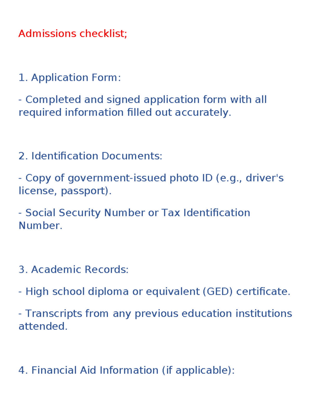 Admissions checklist - practice business materials - Admissions ...