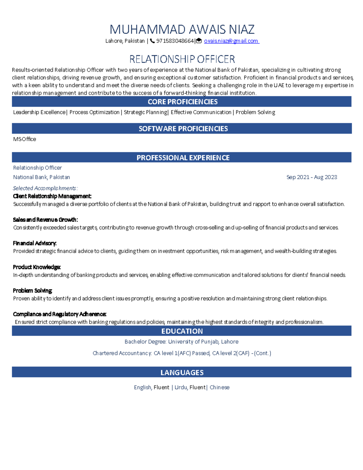 Awais C.V-Relationship Manager - MUHAMMAD AWAIS NIAZ Lahore, Pakistan ...