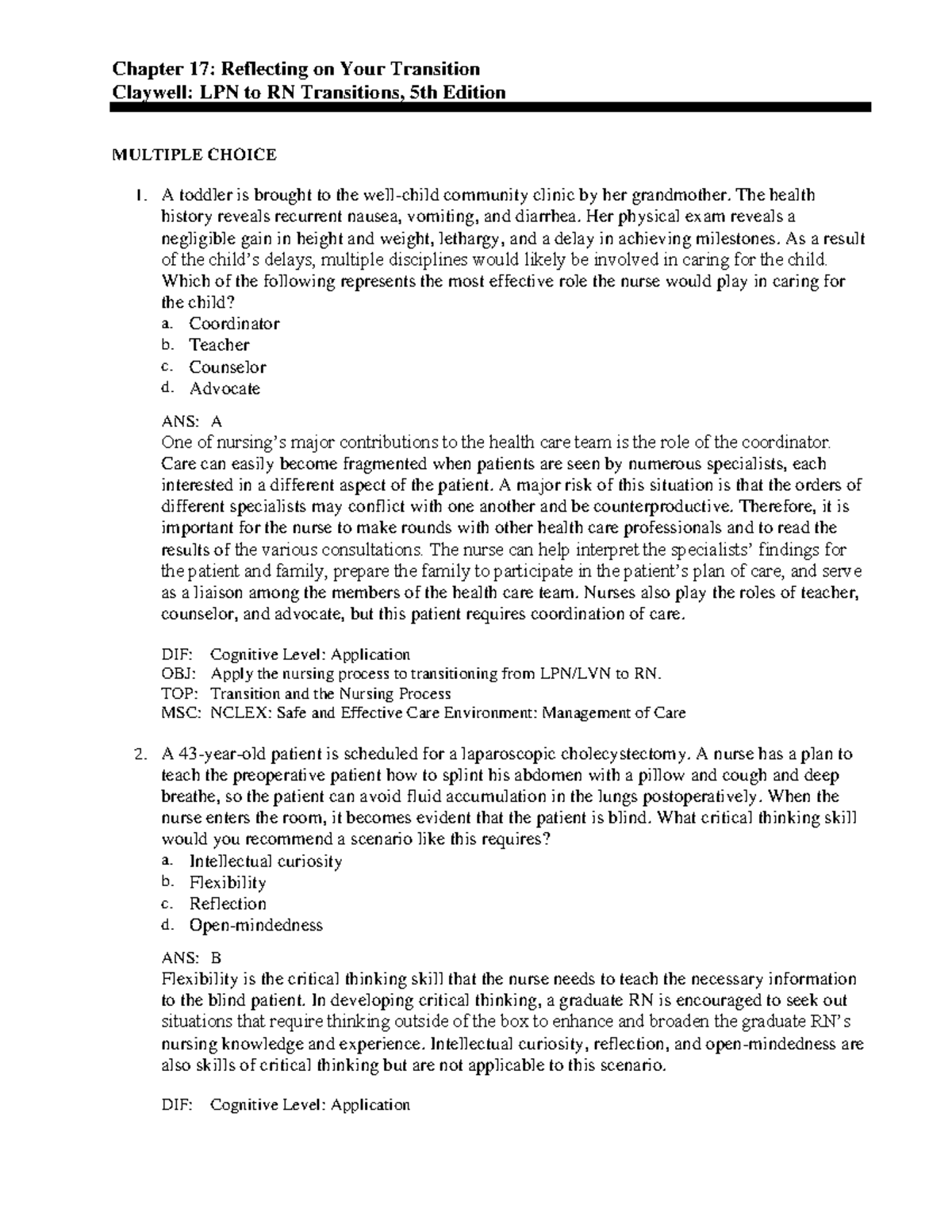 17 - study guide - Chapter 17: Reflecting on Your Transition Claywell ...