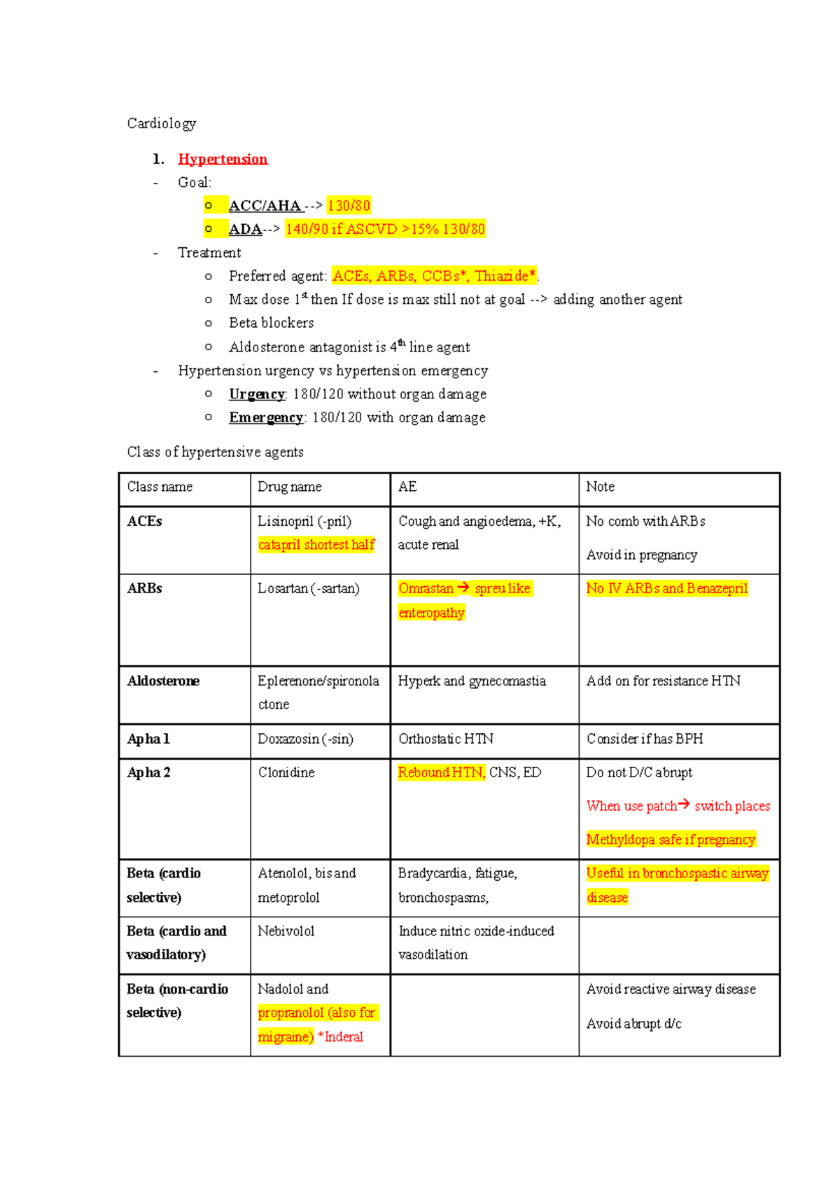 Cardiology - NOTE TO PREPARE FOR NAPLEX - PPB 556 - MCPHS University ...