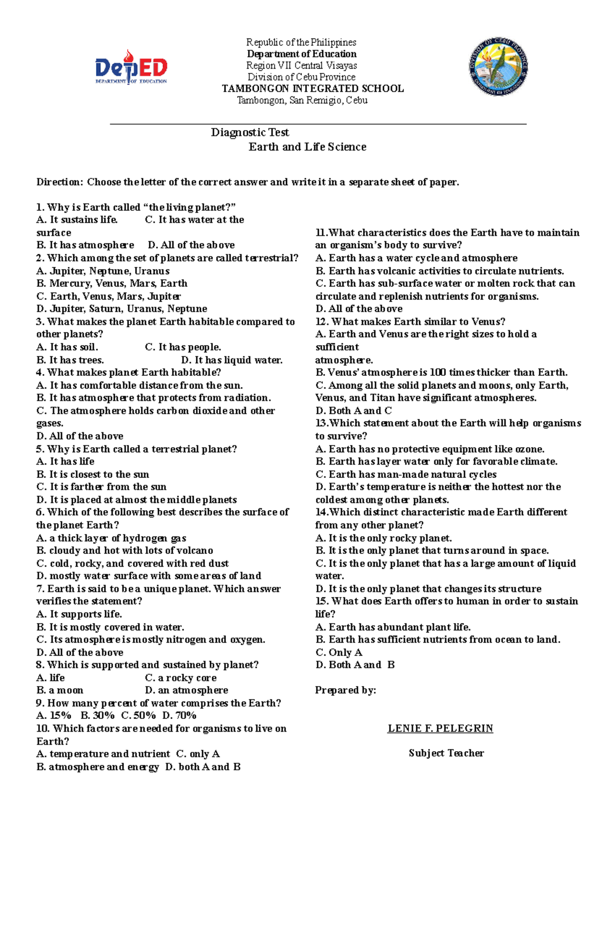Earth AND LIFE Science - Summative test - Republic of the Philippines ...