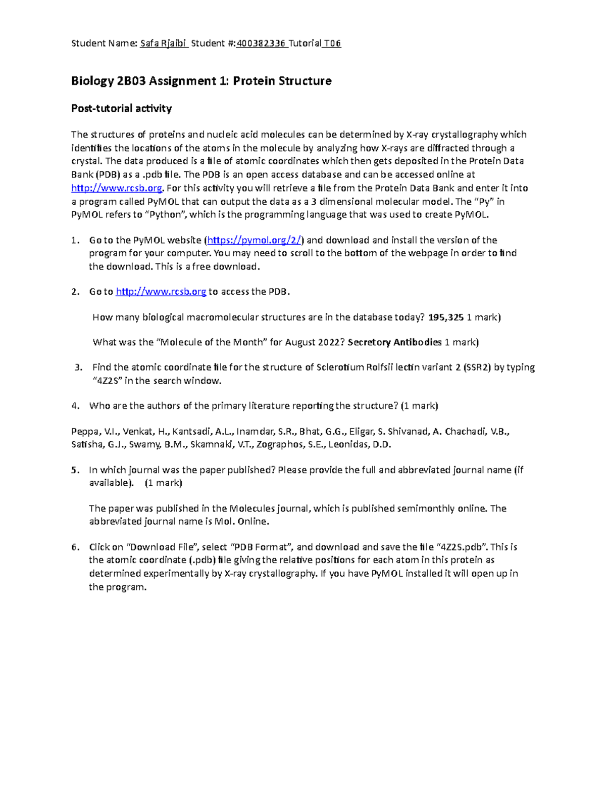 F22 Bio 2B03 Assignment 1 - Protein structure - Biology 2B03 Assignment ...
