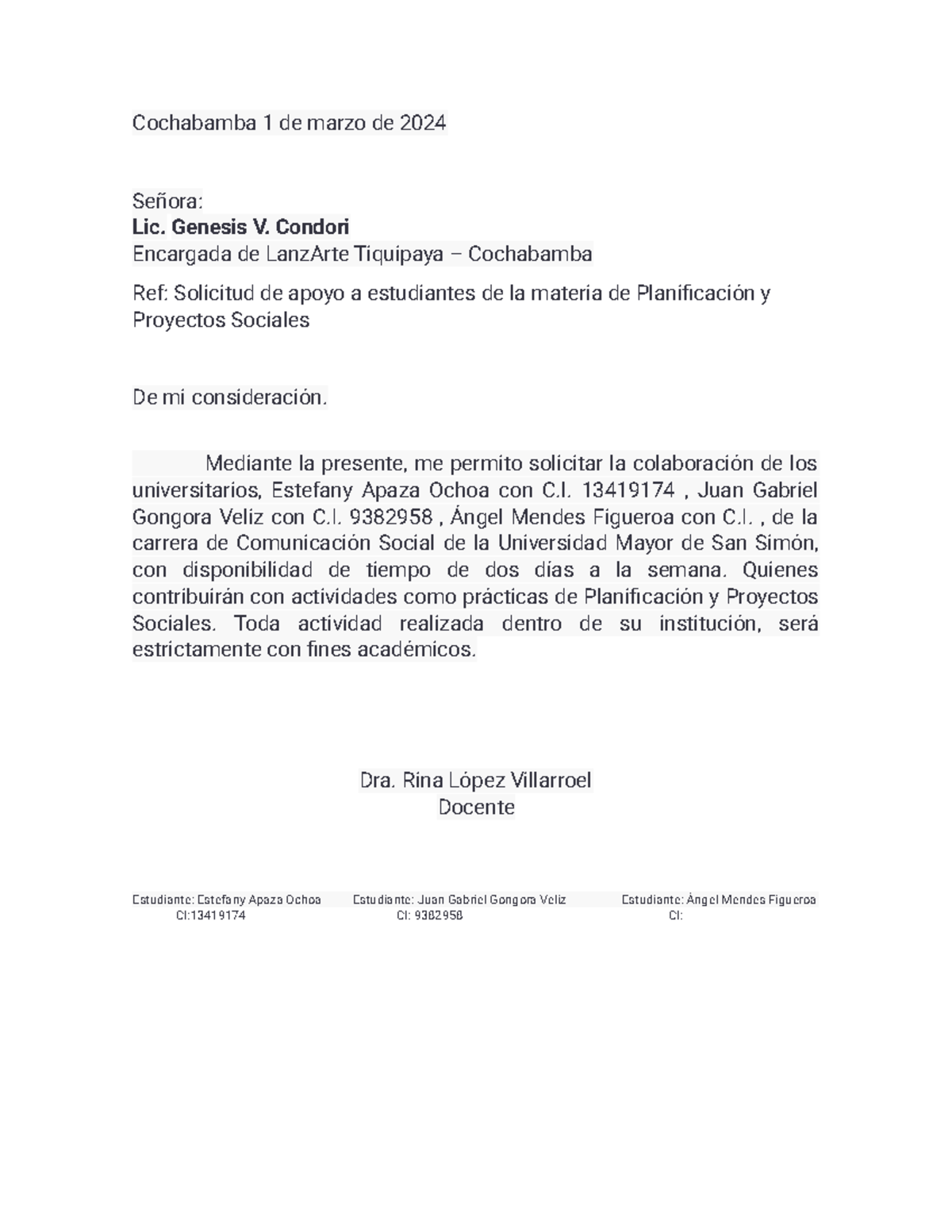 Carta fundación - Cochabamba 1 de marzo de 2024 Señora: Lic. Genesis V ...