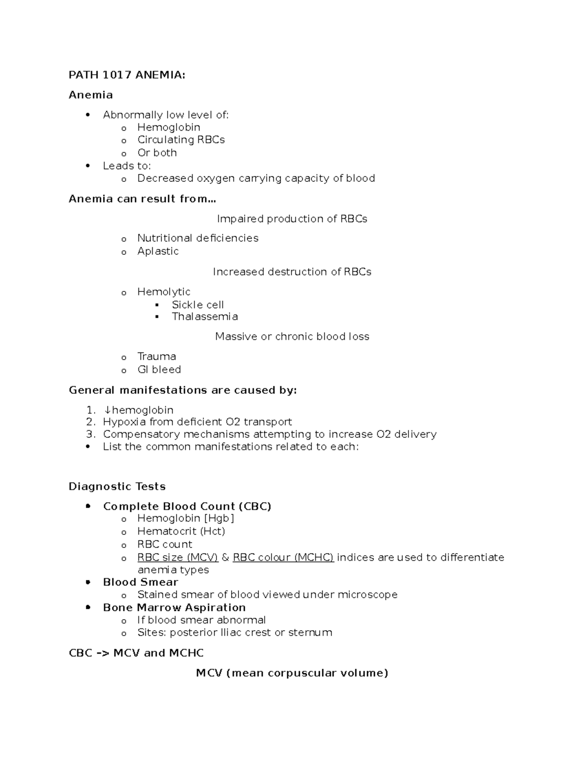 Week 2 Notes - Anemia - PATH 1017 ANEMIA: Anemia Abnormally low level ...