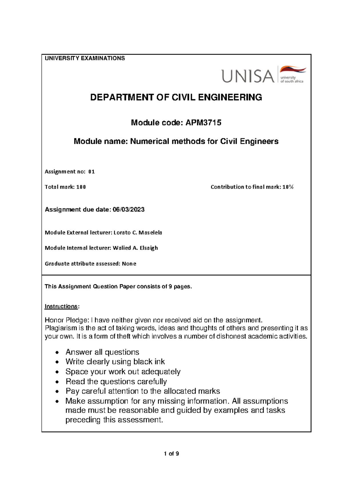 APM3715 Assessment #1 S1 2023 - UNIVERSITY EXAMINATIONS DEPARTMENT OF ...