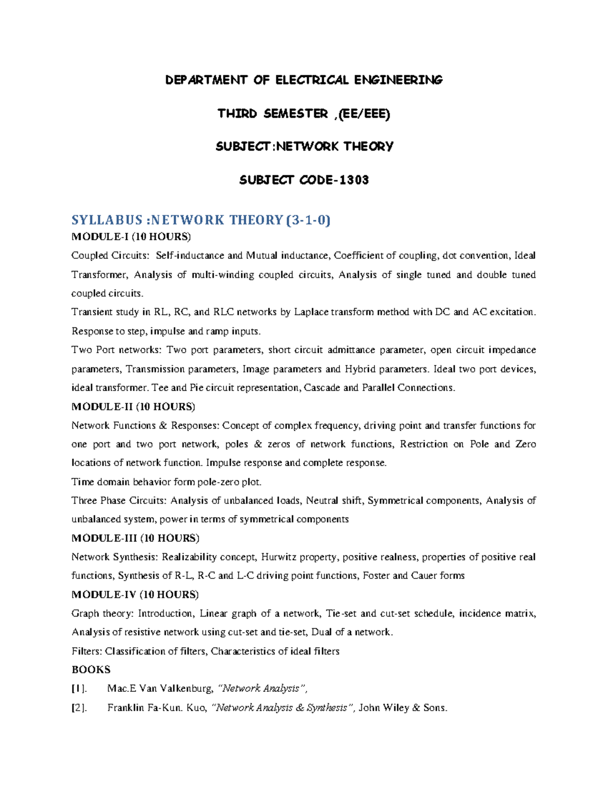 Lecture Notes Network Theory Department Of Electrical Engineering