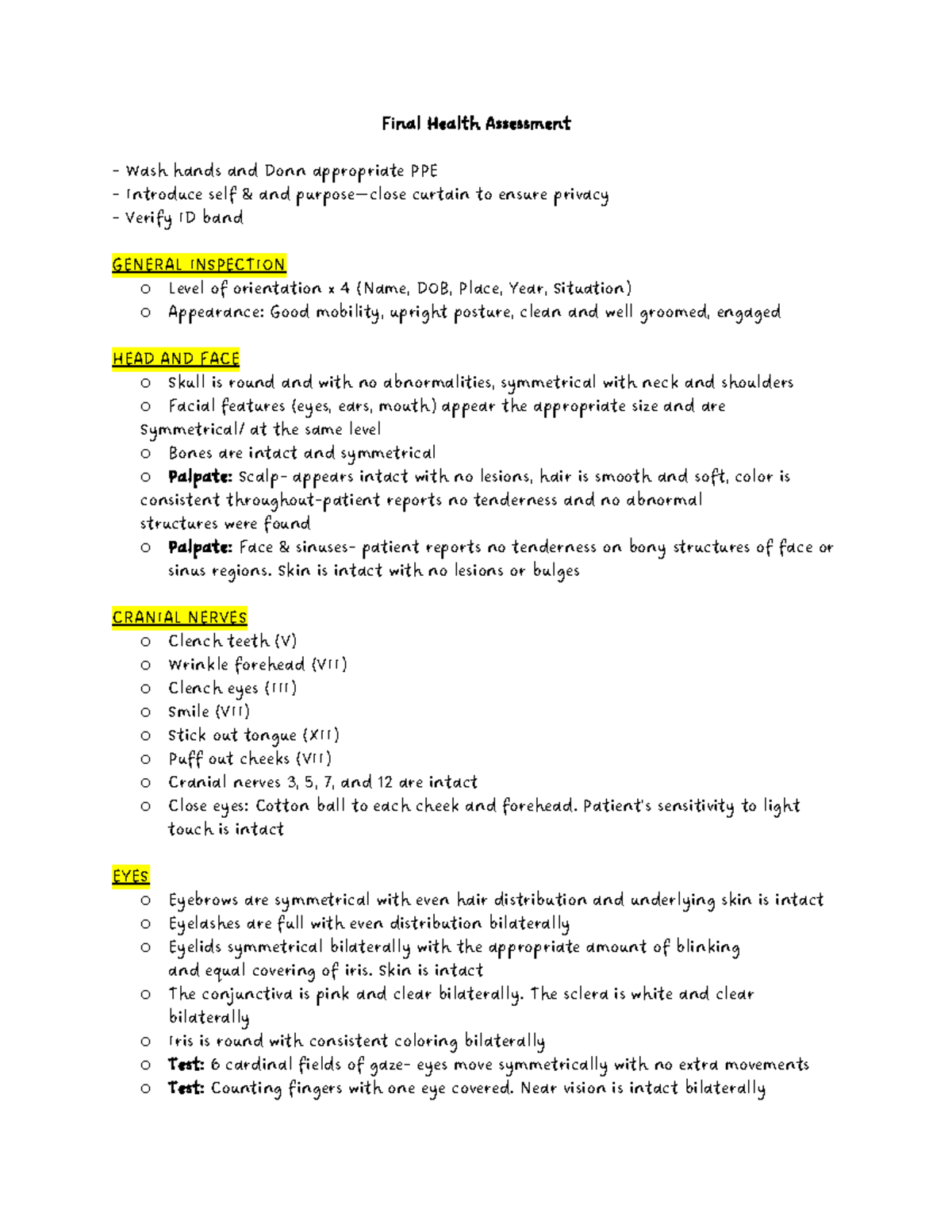 Final Health Assessment - Final Health Assessment Wash hands and Donn ...