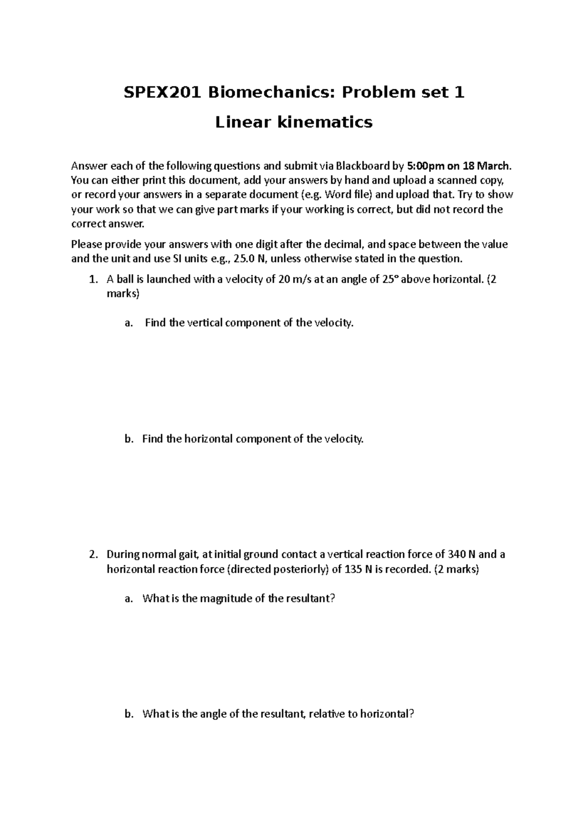 SPEX201 problem-set 1 - Kinematics - SPEX201 Biomechanics: Problem set ...