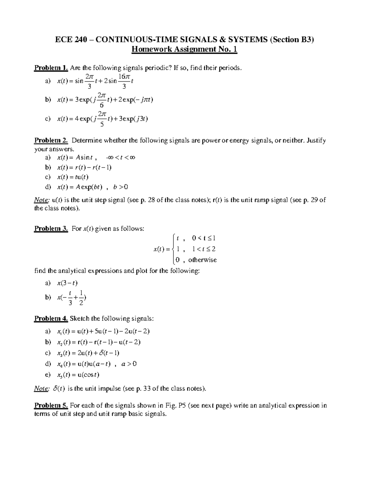 Ece240 - B3 (2014) - Assignment No. 1 - ECE 240 – CONTINUOUS-TIME ...