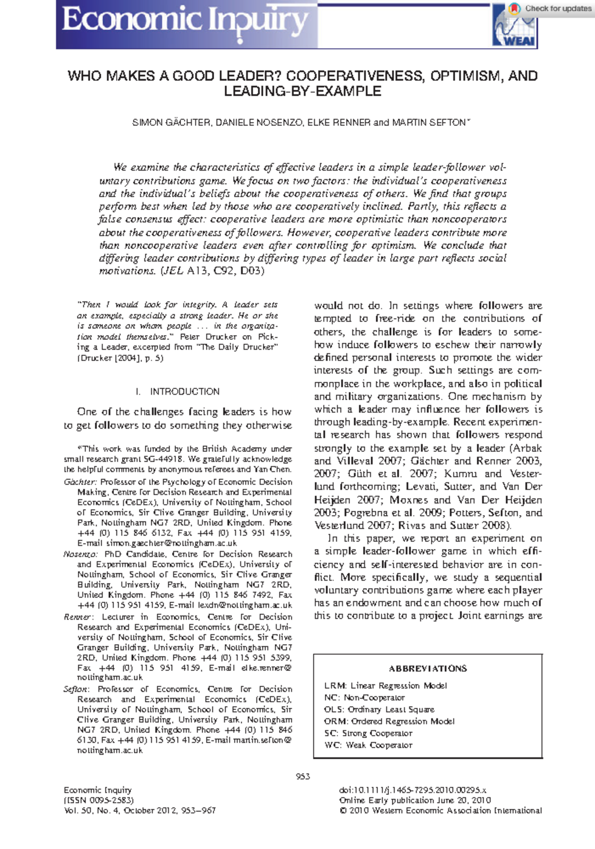 Economic Inquiry - 2012 - G Chter - WHO MAKES A GOOD LEADER ...