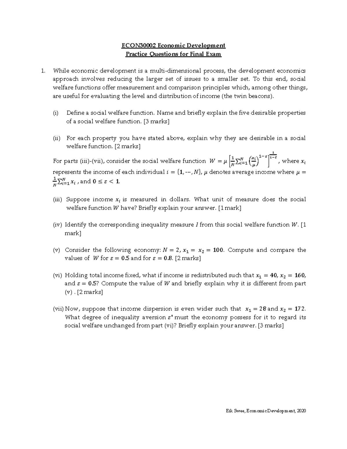 Practice exam - ECON30002 Economic Development Practice Questions for ...