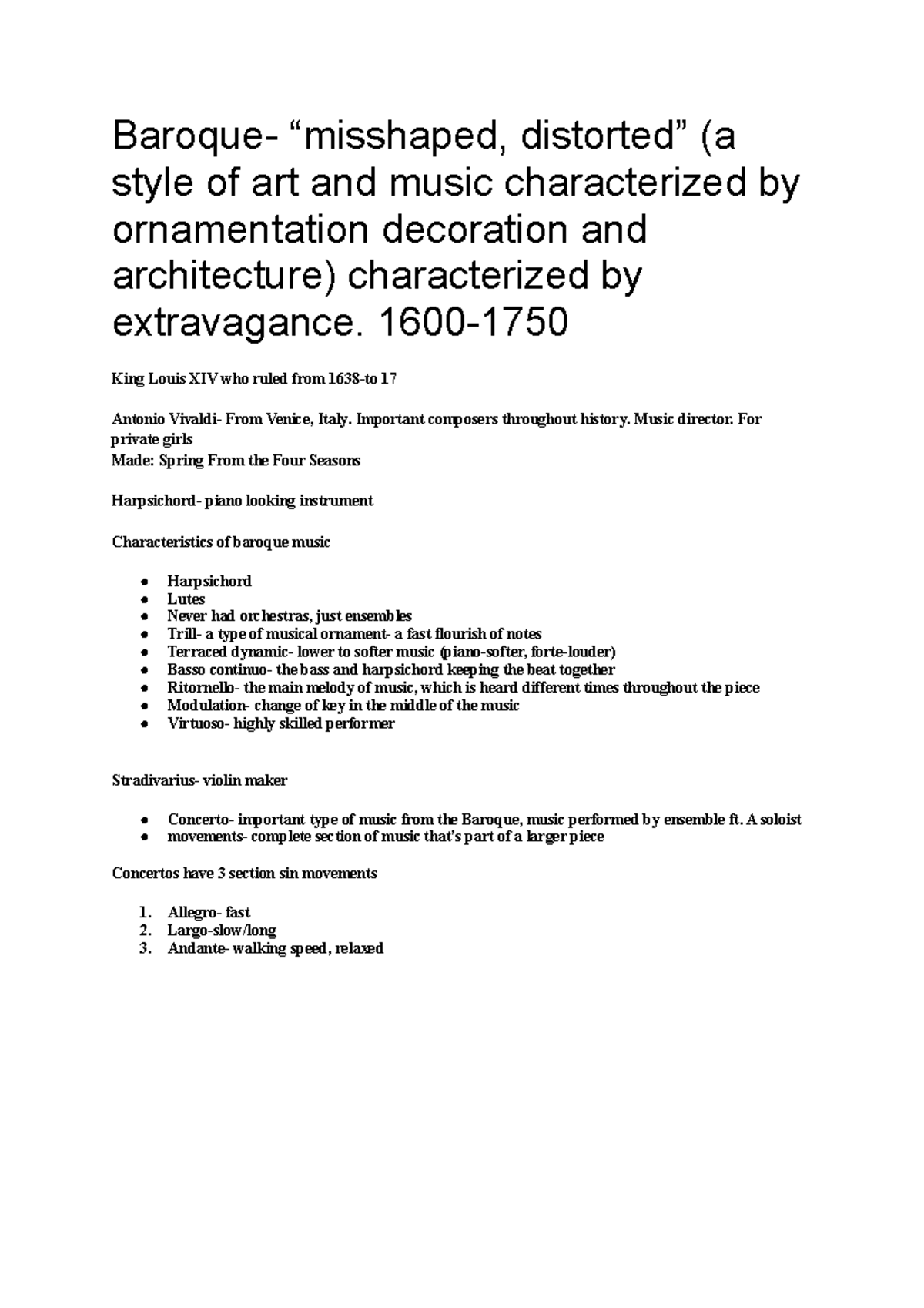Baroque Era notes - Baroque- “misshaped, distorted” (a style of art and ...
