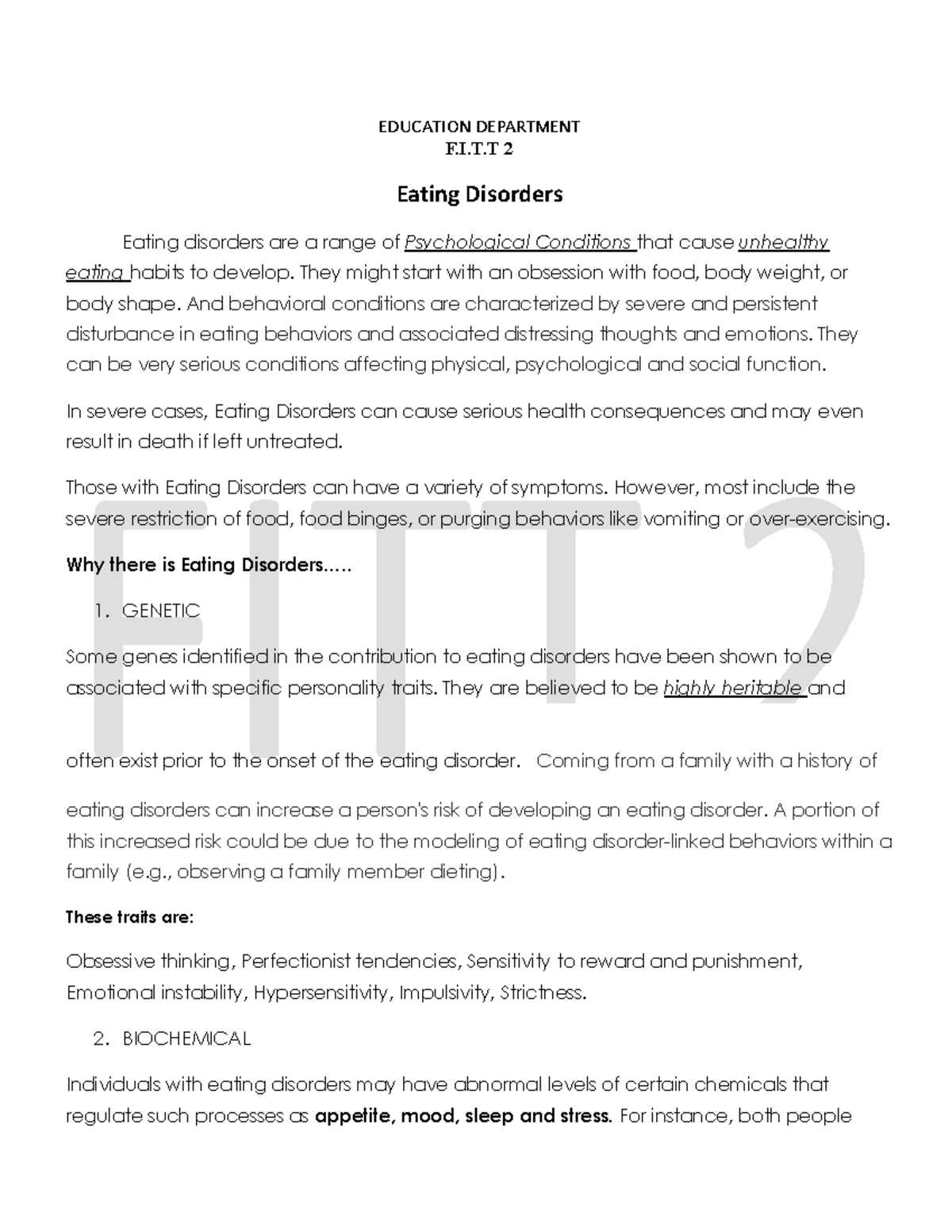 Eating-Disorder-Handouts - FITT 2 EDUCATION DEPARTMENT F.I.T 2 Eating ...