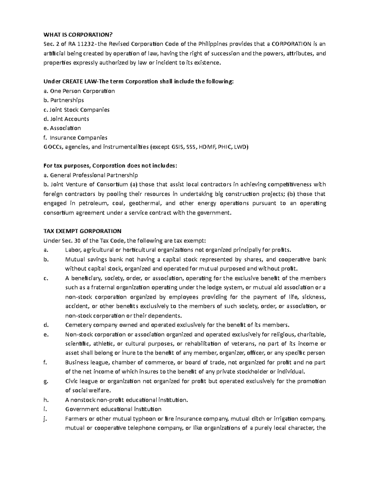 WHAT IS Corporation - WHAT IS CORPORATION? Sec. 2 of RA 11232- the ...