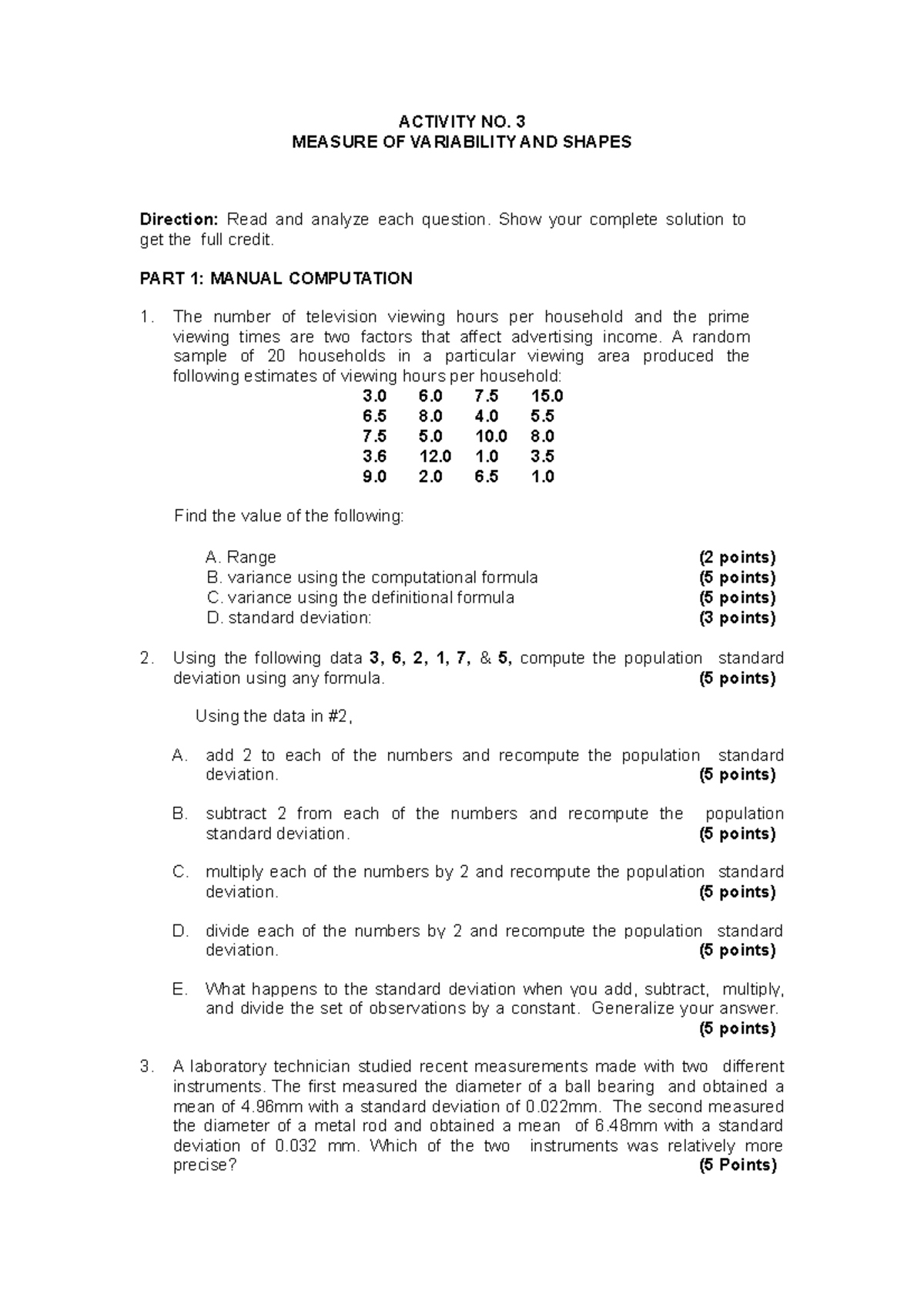 Activity 1: vARIABILITY AND sHAPES - Elementary Statistics - Studocu
