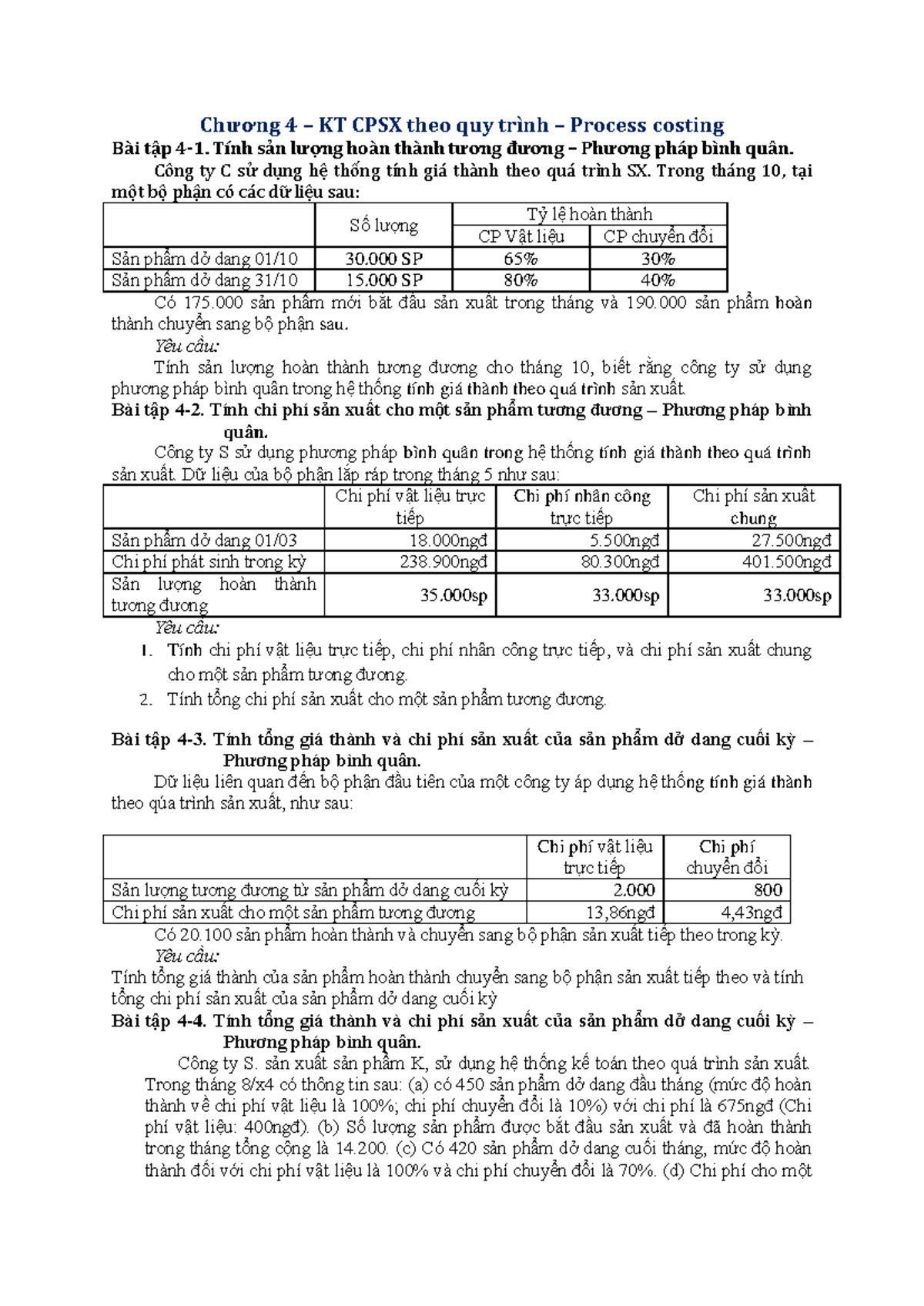 BT Chương 4 - KT CPSX theo quy trình (Đề bài) - Chương 4 – KT CPSX theo quy trình – Process ...