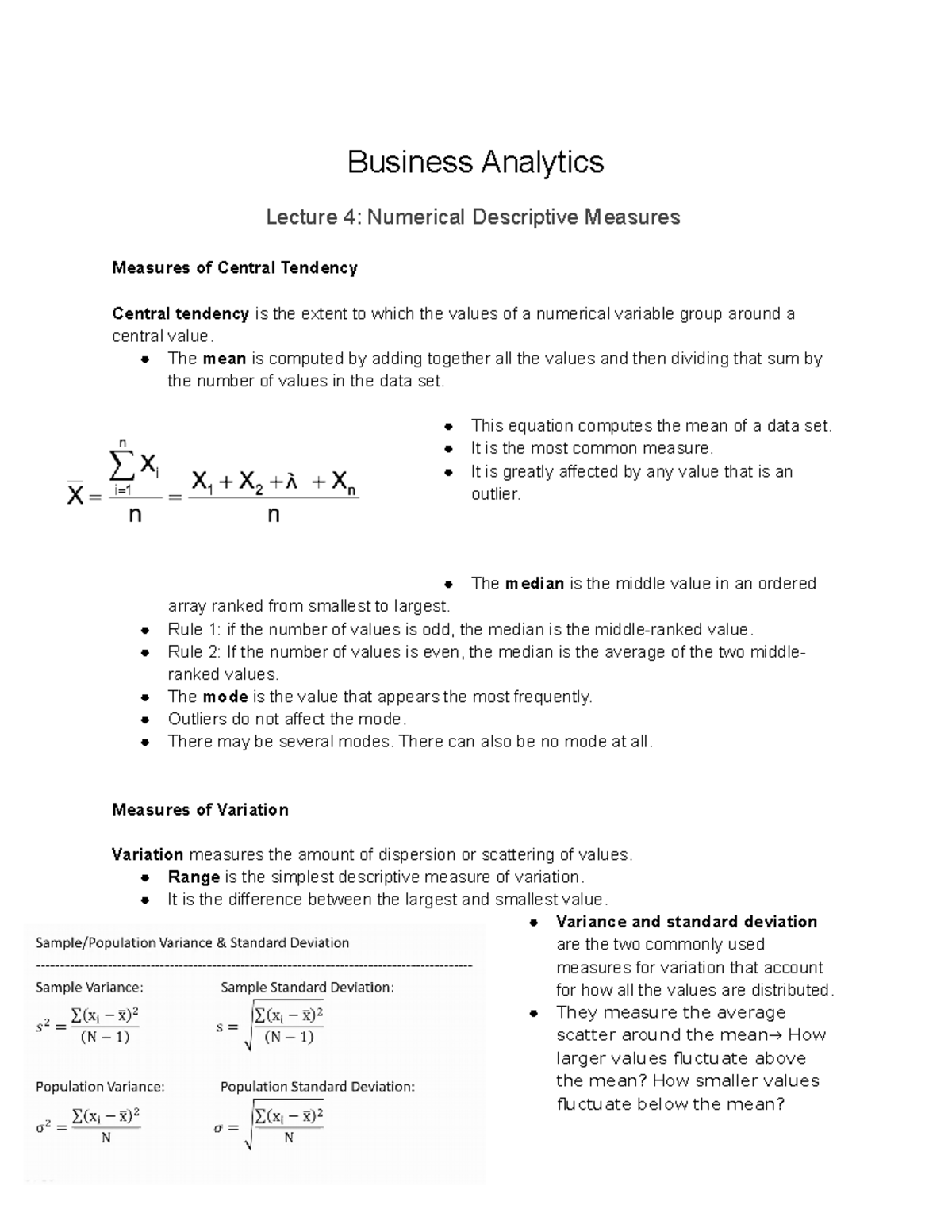 Lecture 4 Numerical Descriptive Measures Business Analytics Lecture 4 Numerical Descriptive