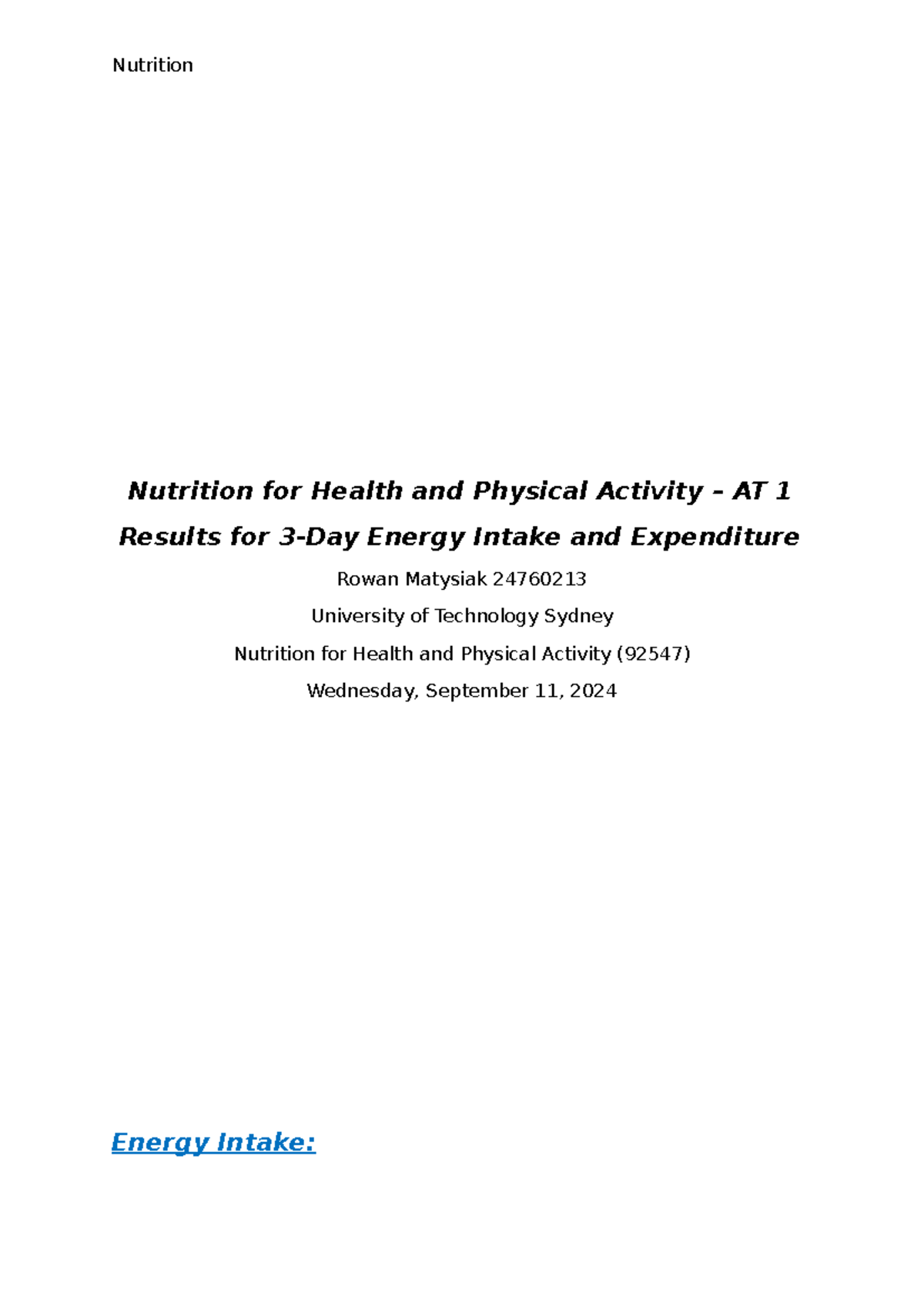 3-day period Nutritional Intake and Expenditure - Nutrition for Health ...