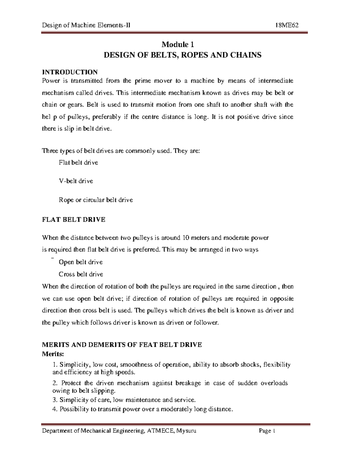 Machine Tool Design Module-1 - Module 1 DESIGN OF BELTS, ROPES AND CHAINS INTRODUCTION Power is ...