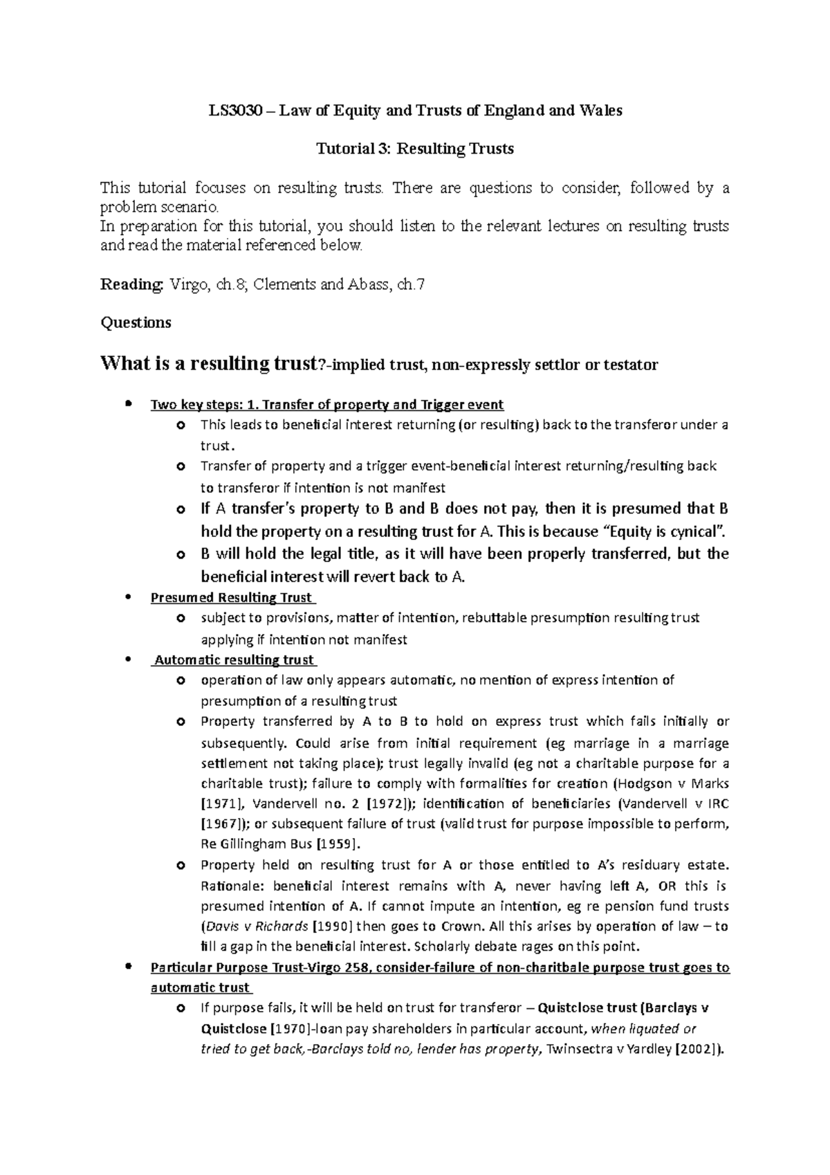 Tutorial 3 resulting trusts 2021-with notes - LS3030 – Law of Equity ...