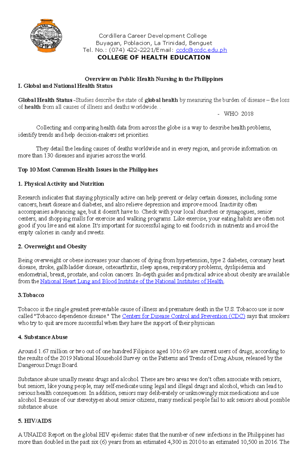 Handout CHN1 Lesson 1 - NCM104 - Cordillera Career Development College ...