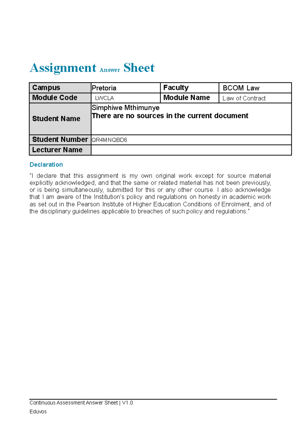 LWConttract - Two questions mini assignment - Assignment Answer Sheet ...