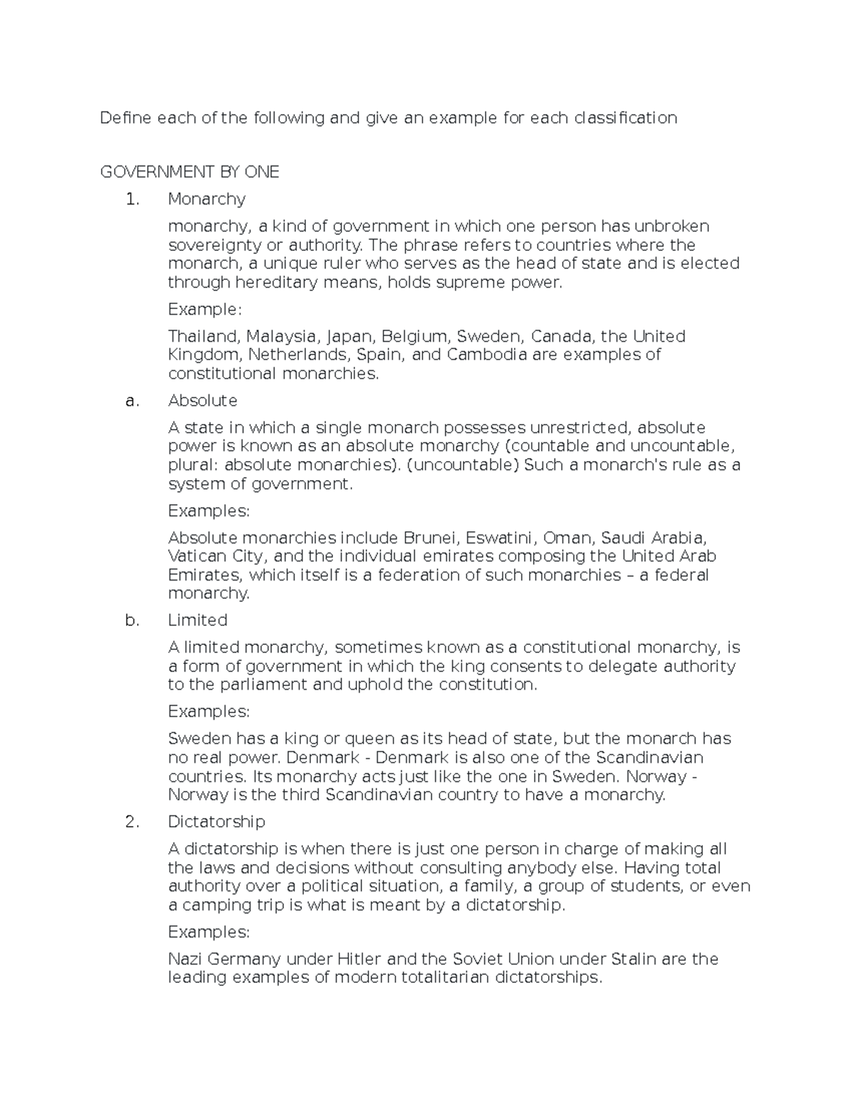 FUNDAMENTALS OF POLITICAL SCI - Define each of the following and give ...