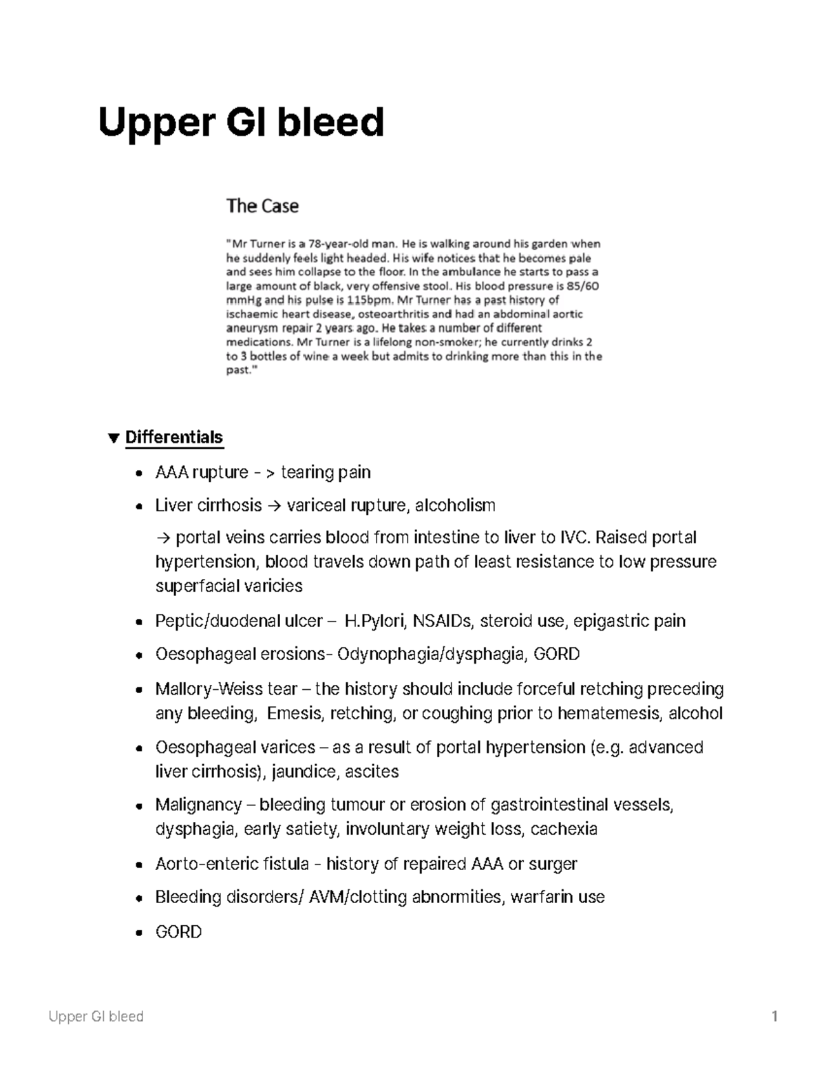 Upper Gi Bleed Notes - Upper Gi Bleed Differentials Aaa Rupture