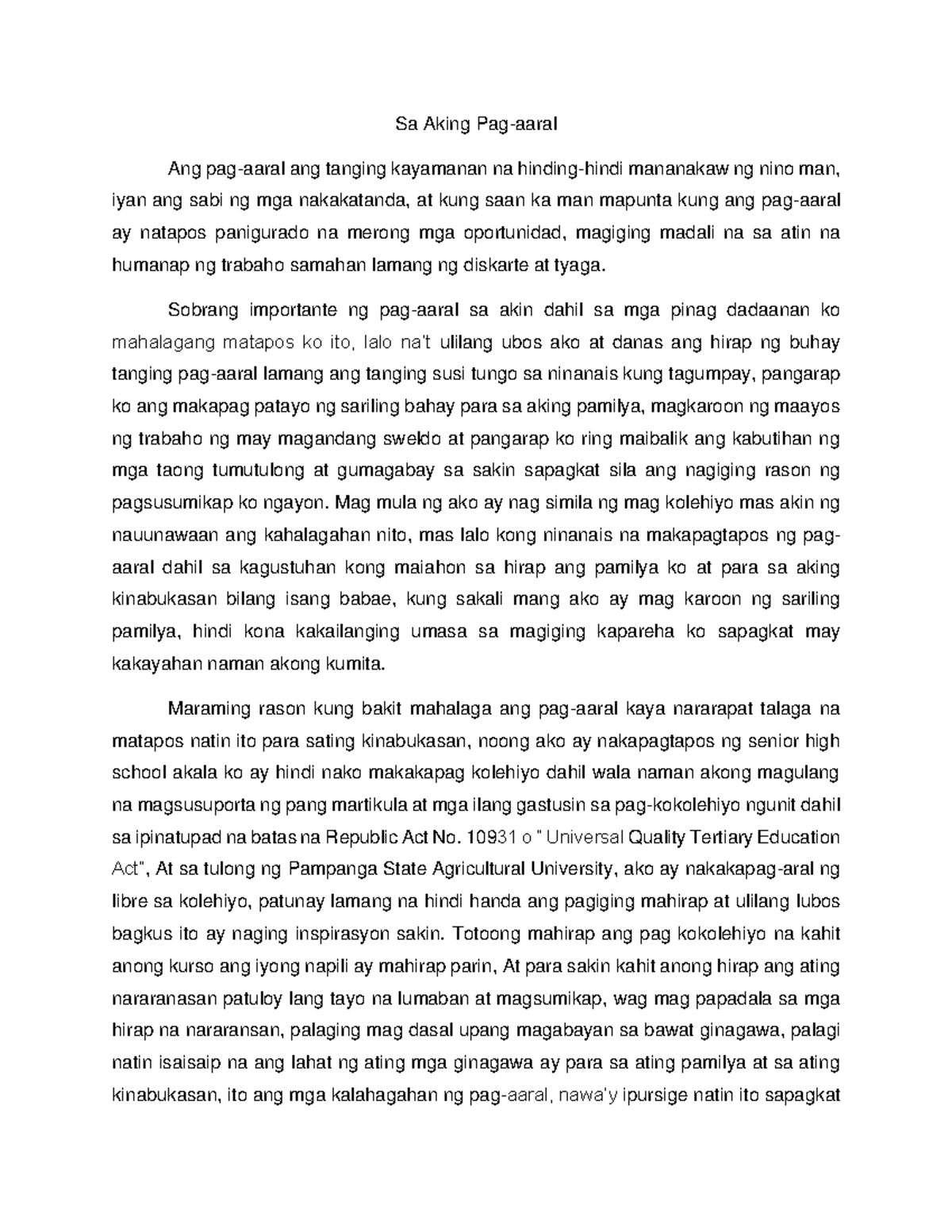Sa Aking Pag-aaral - Sa Aking Pag-aaral Ang pag-aaral ang tanging ...
