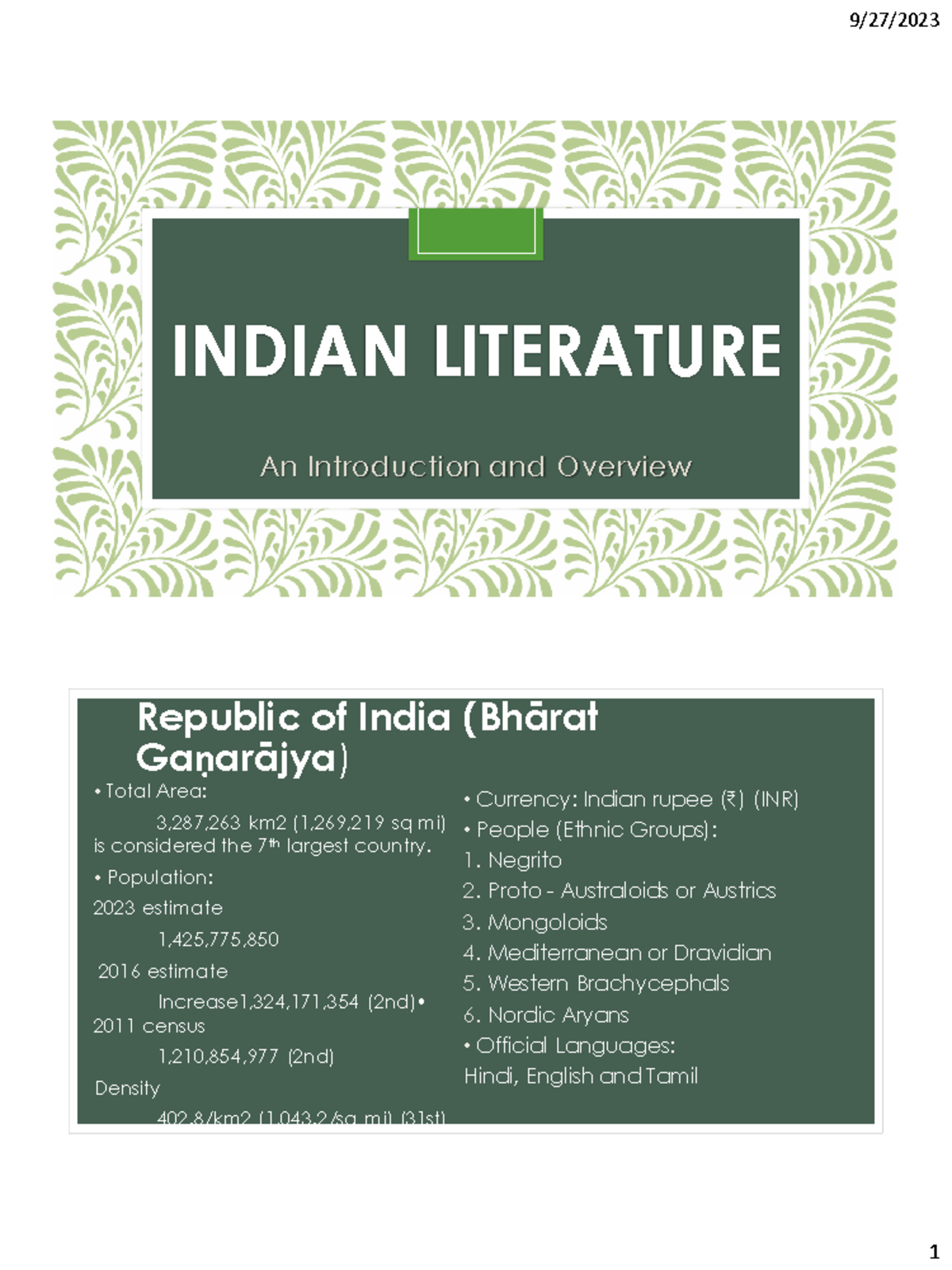 Lec 4 Indian-Literature - INDIAN LITERATURE An Introduction and ...
