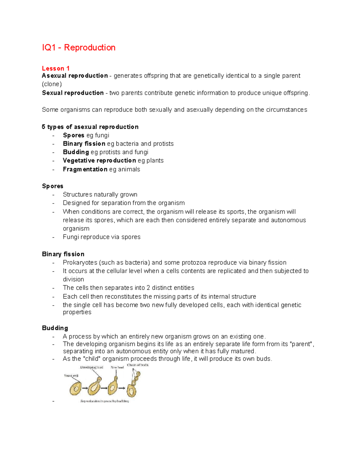 Bio notes module 5 - Heredity - IQ1 - Reproduction Lesson 1 Asexual ...