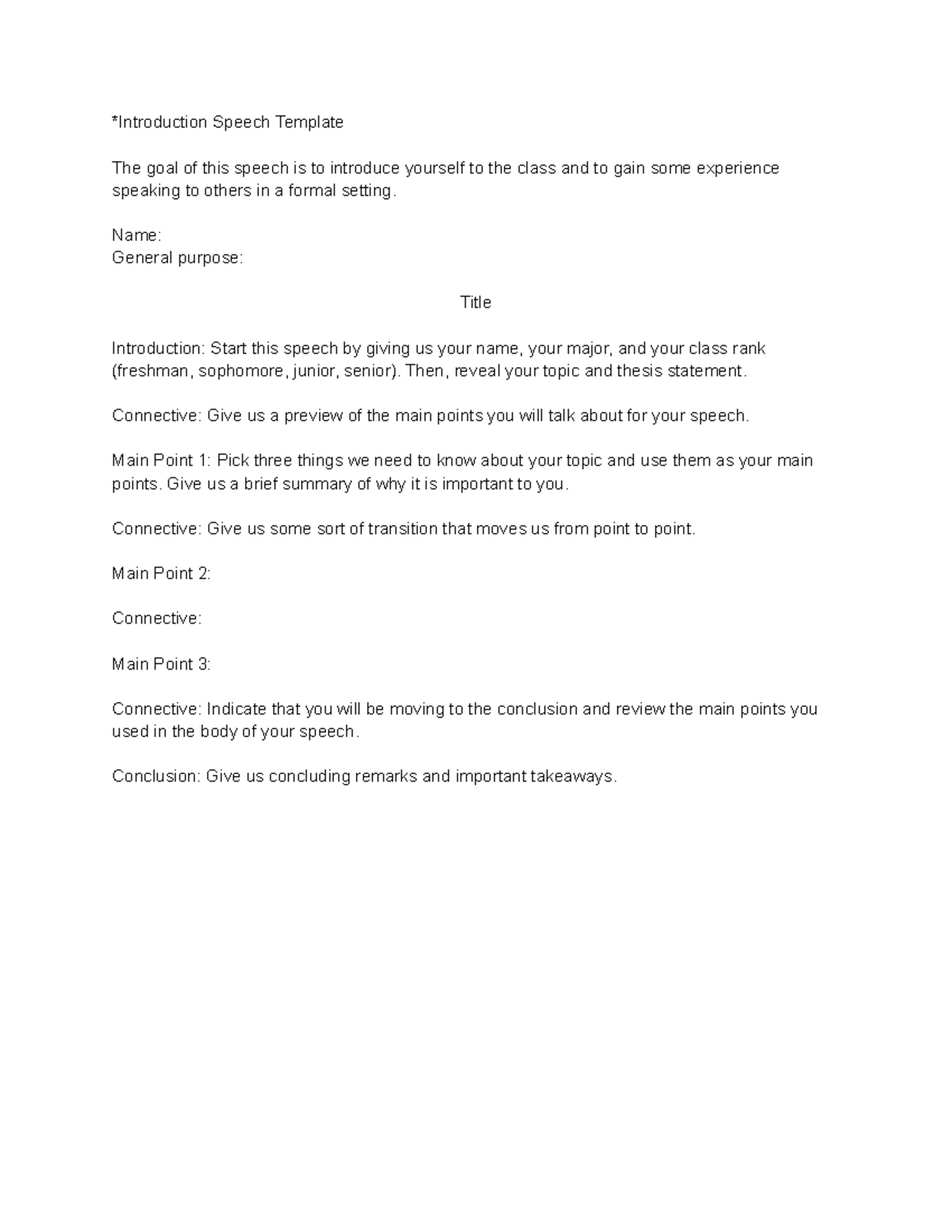 Introduction Speech Template - Name:General purpose: Title Introduction ...