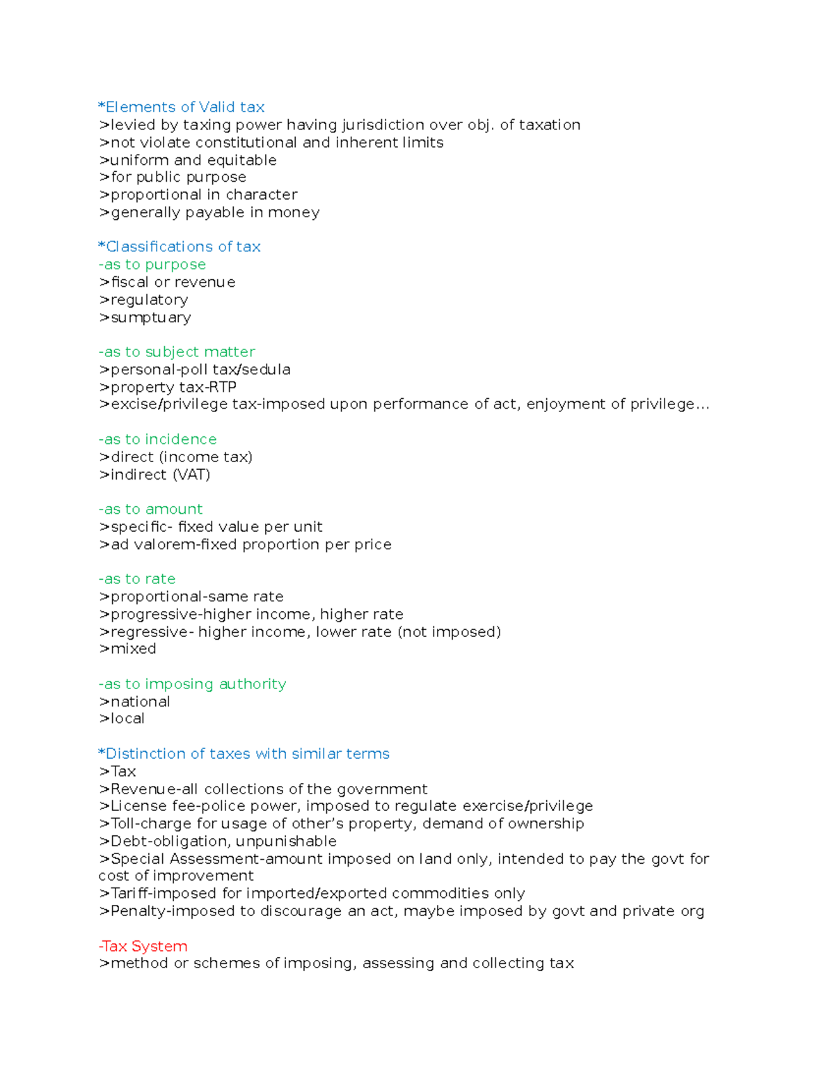 Taxation Chapter 2 Notes - *Elements of Valid tax levied by taxing ...