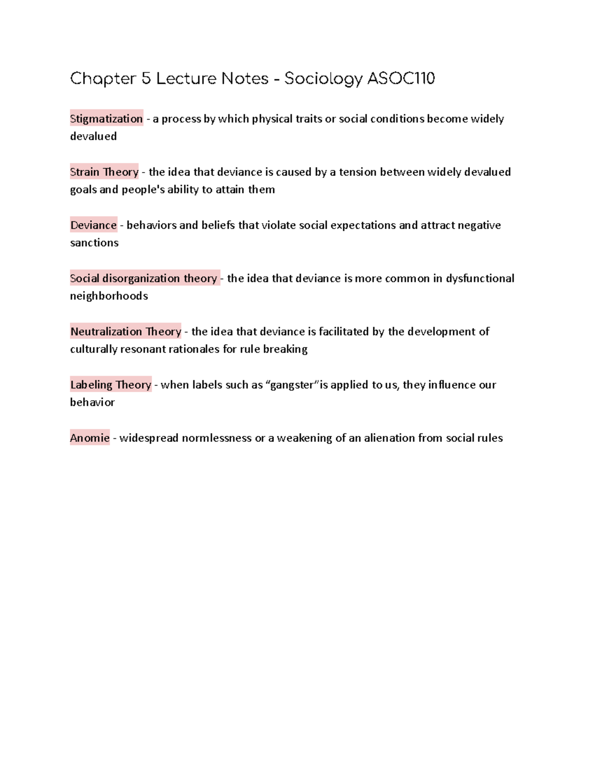 Chapter 5 Lecture Notes - Sociology ASOC110 - Chapter 5 Lecture Notes ...
