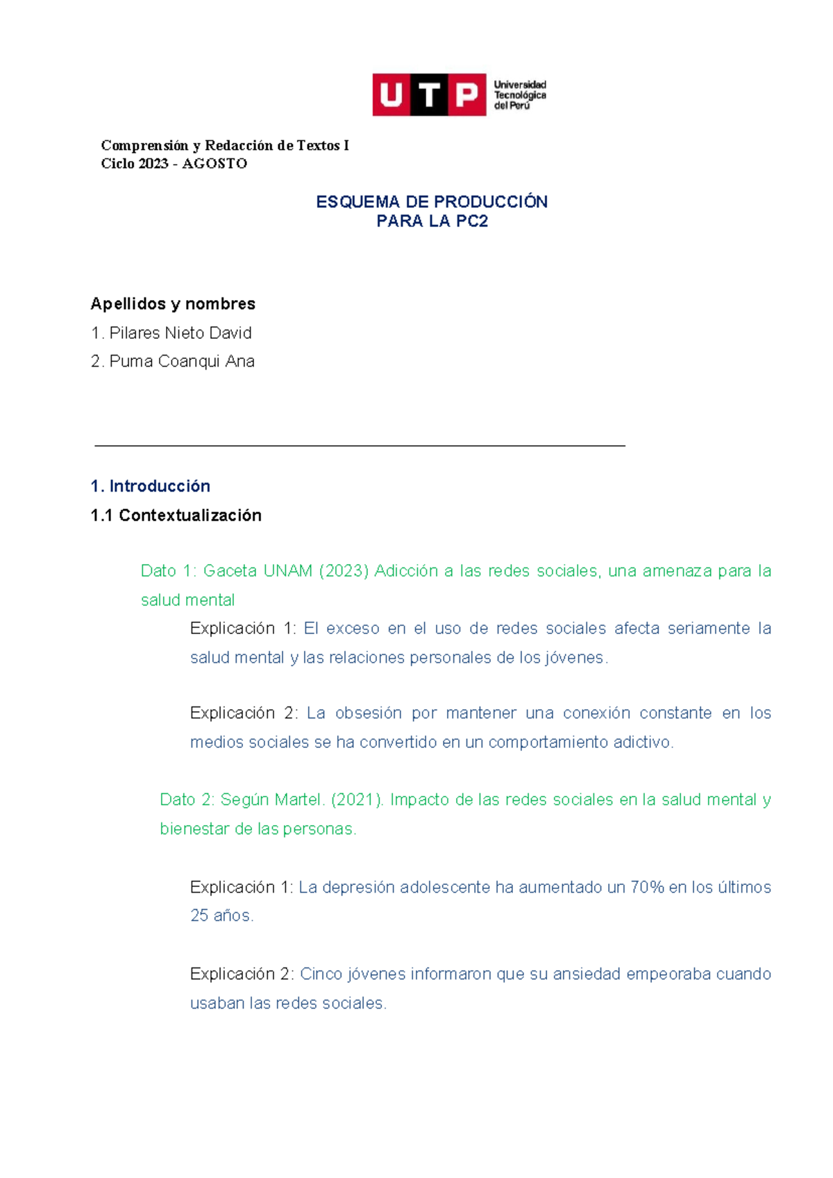 Esquema DE Producción PC1 corregido - Comprensión y Redacción de Textos I Ciclo 2023 - AGOSTO ...