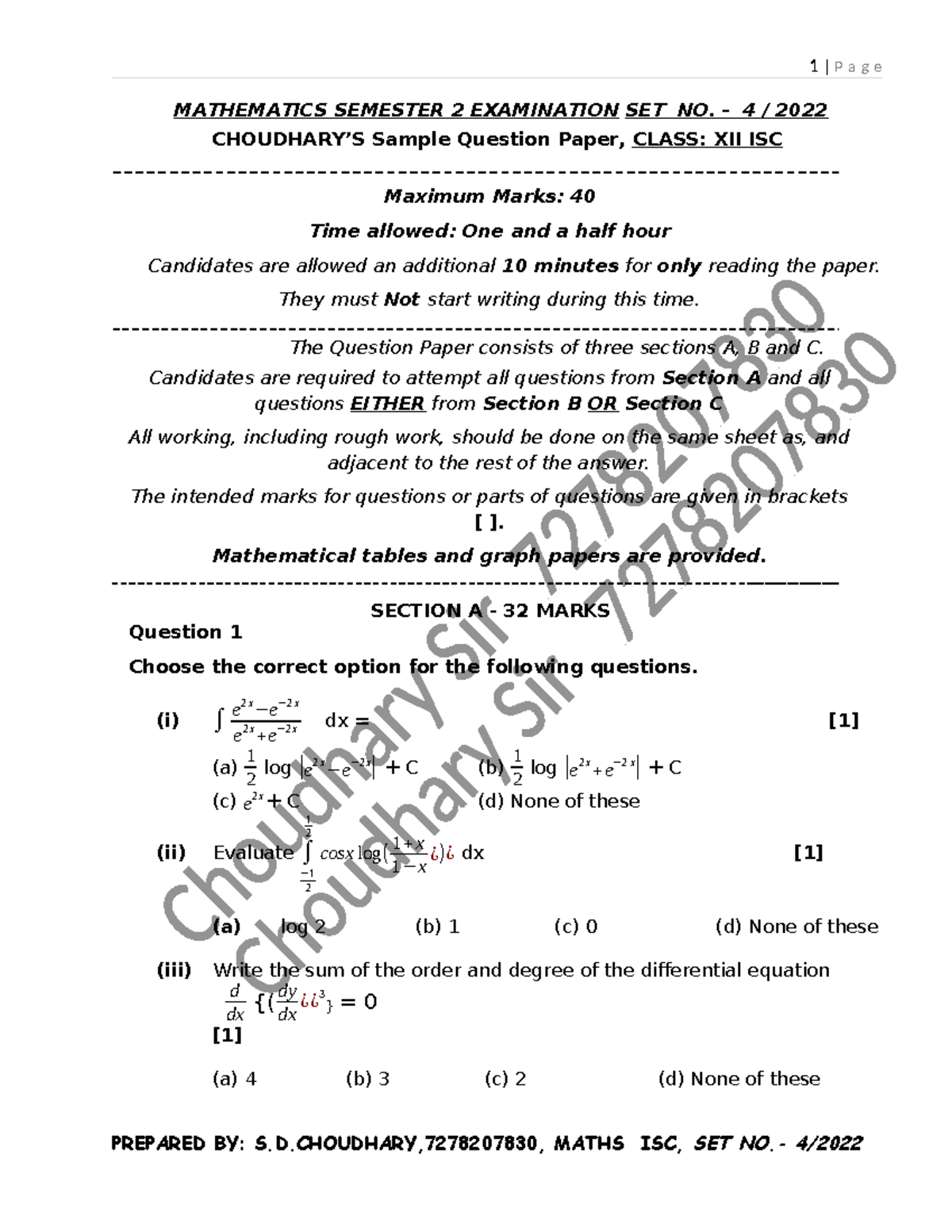 TEST Paper-4 XII Math SEM 2 - MATHEMATICS SEMESTER 2 EXAMINATION SET NO ...
