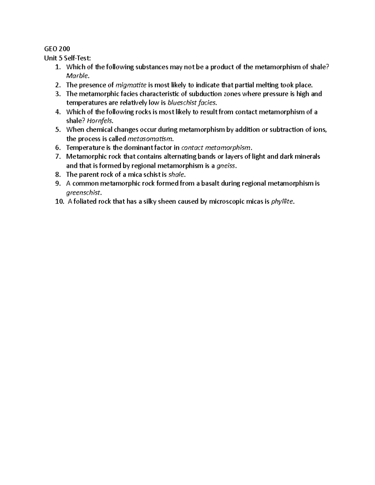 GEOL 200 unit 5 test - GEOL 200 unit 5 test with answers - GEO 200 Unit ...