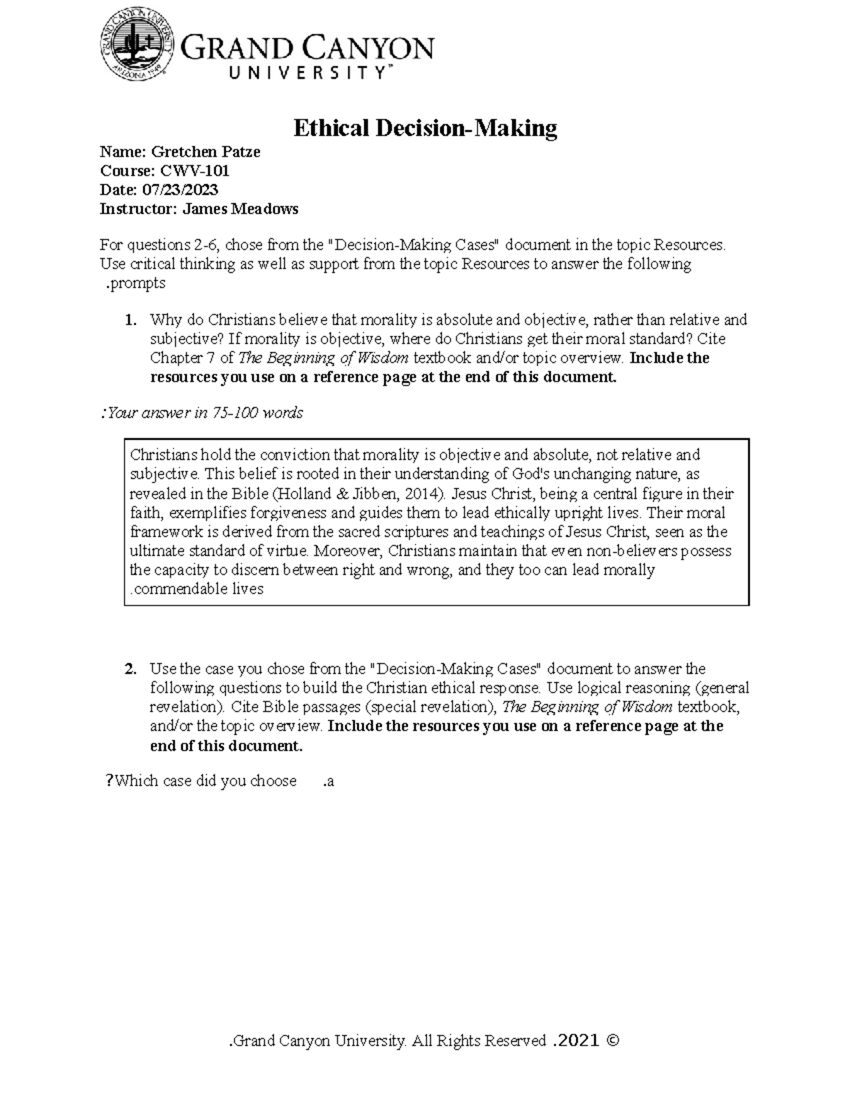 Ethical Decisions Worksheet - Abortion Case - Name: Gretchen Patze ...