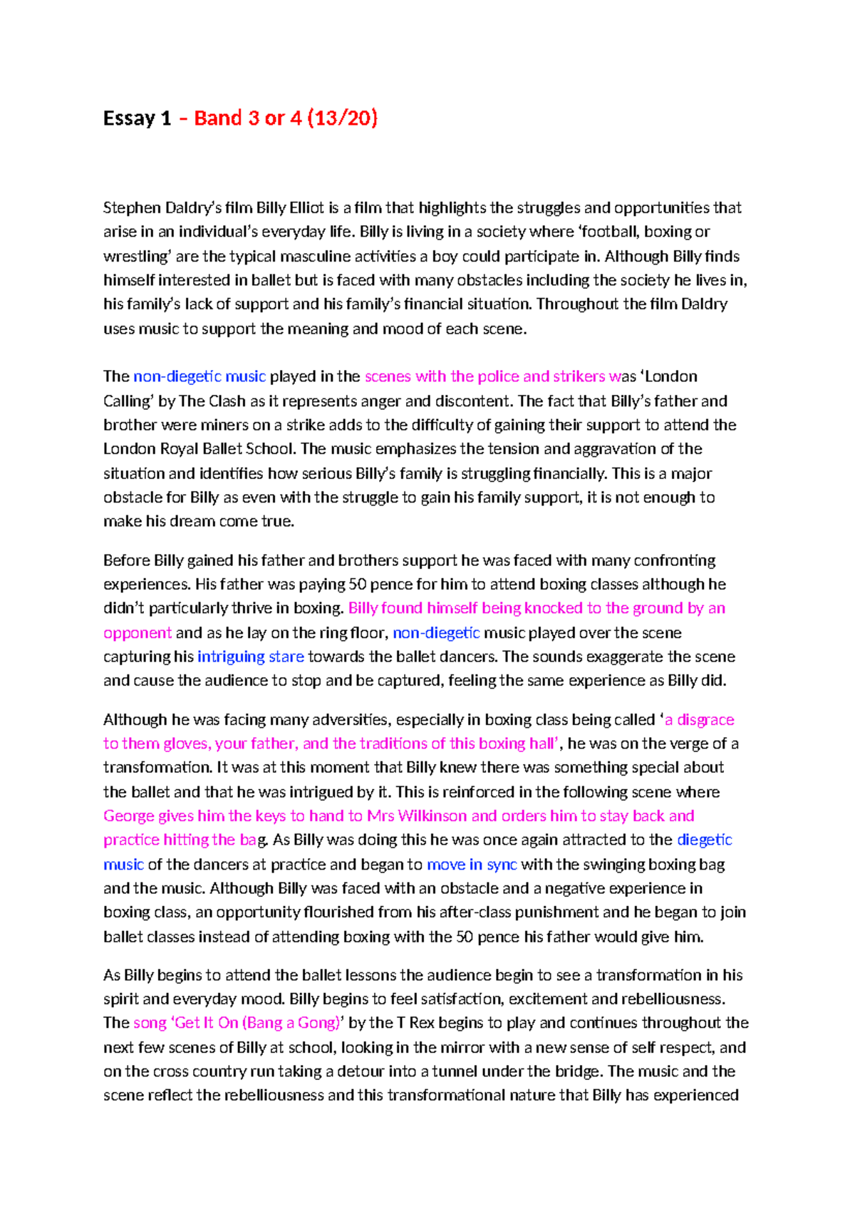 Sample Essay Billy Elliot with feedbacl - Essay 1 – Band 3 or 4 (13/20 ...