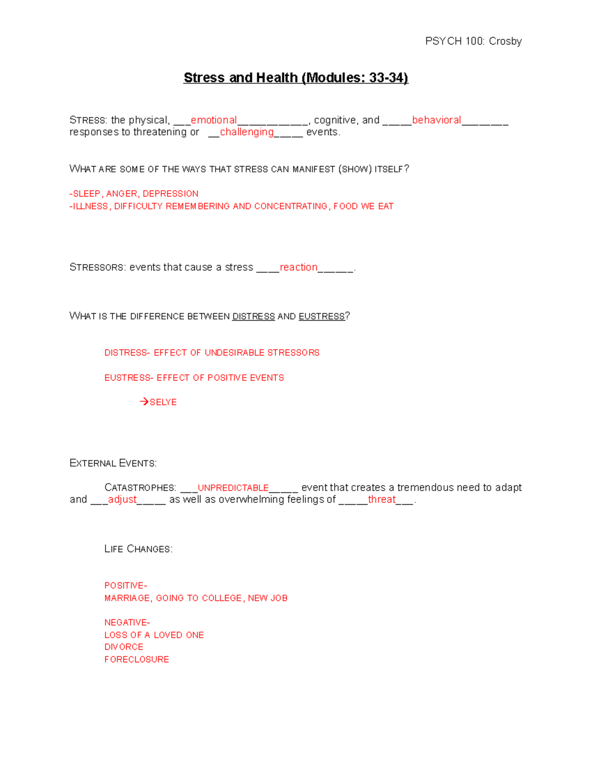 PSYCH 100 Stress and Health Student - Stress and Health (Modules: 33-34 ...