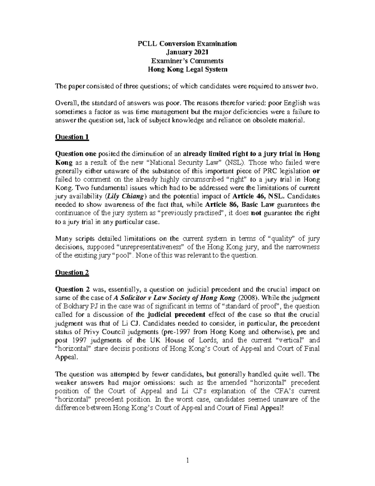 2021 01 A - 2021 01 Answer - 1 PCLL Conversion Examination January 2021 ...