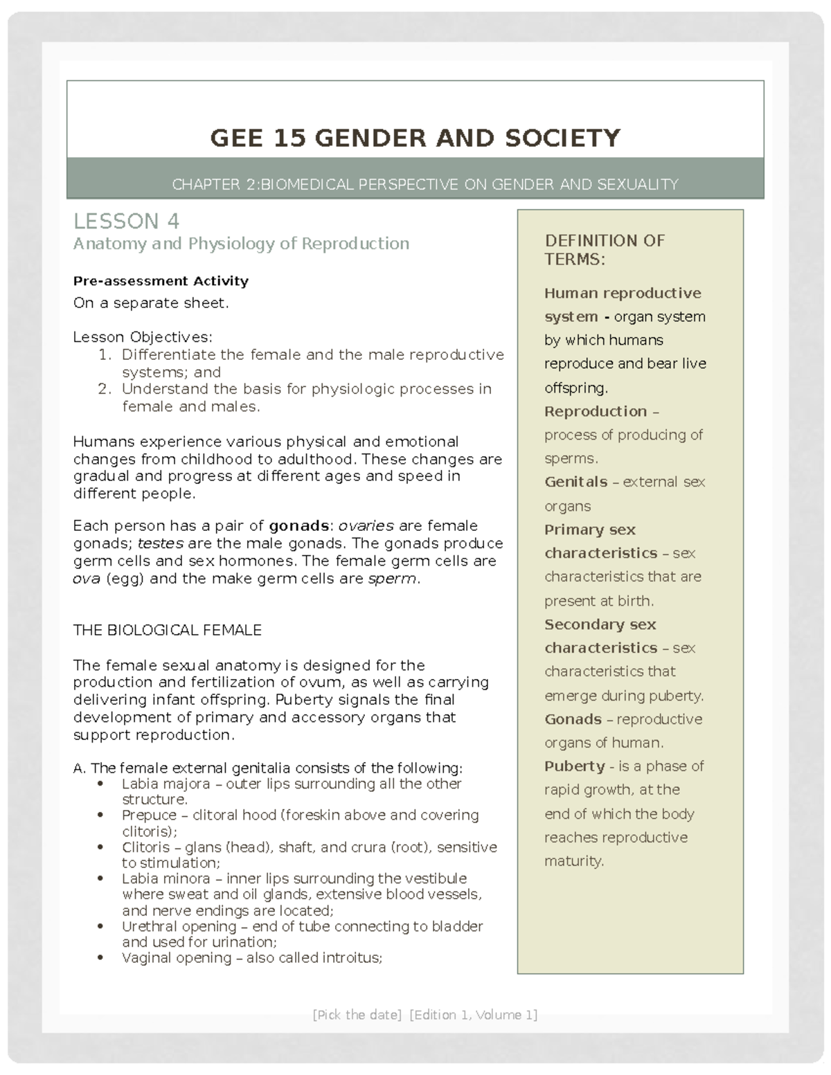 Chapter 2 Learning Guide i Gender Society - LESSON 4 Anatomy and ...