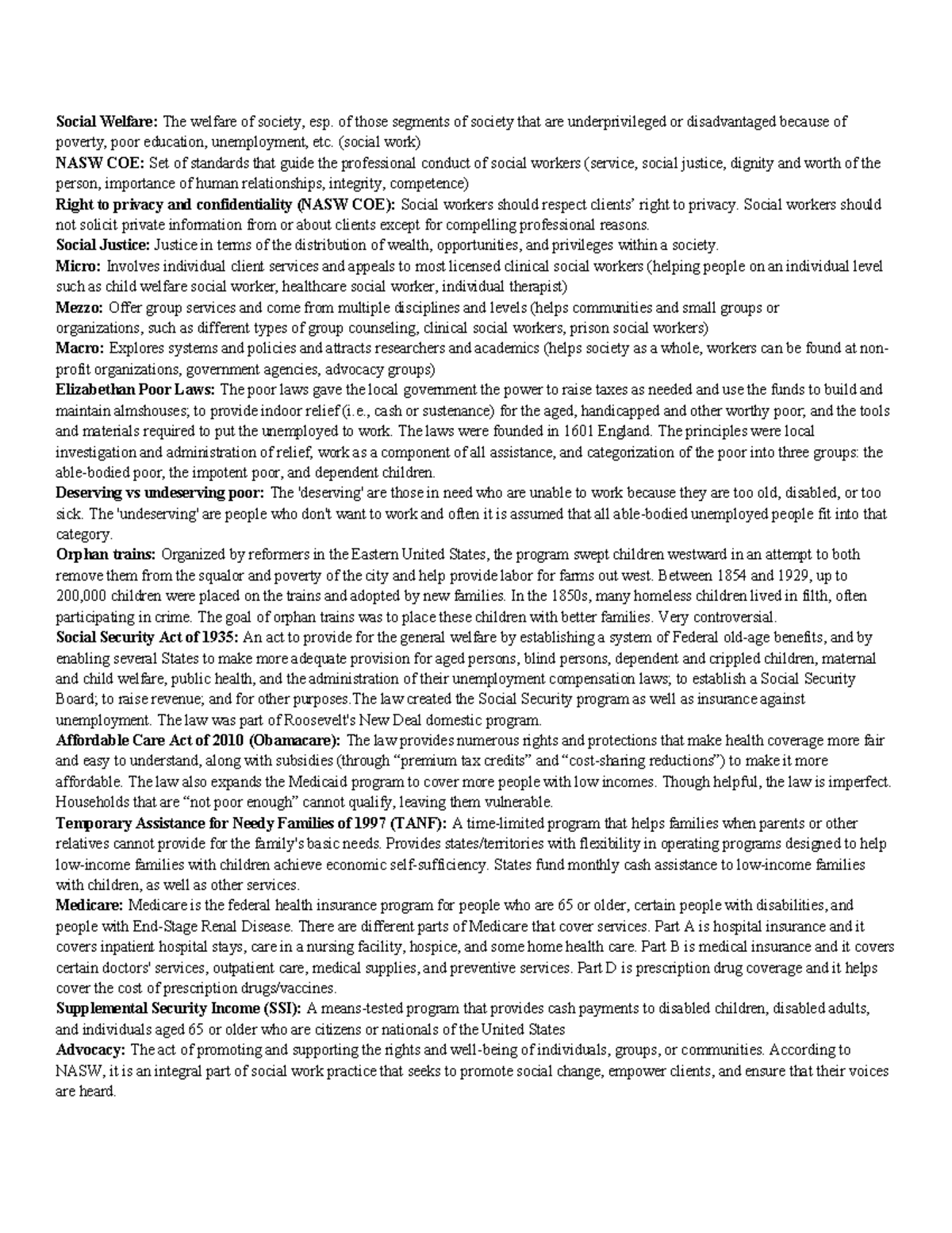 Social Work Quiz Review - Social Welfare: The welfare of society, esp ...