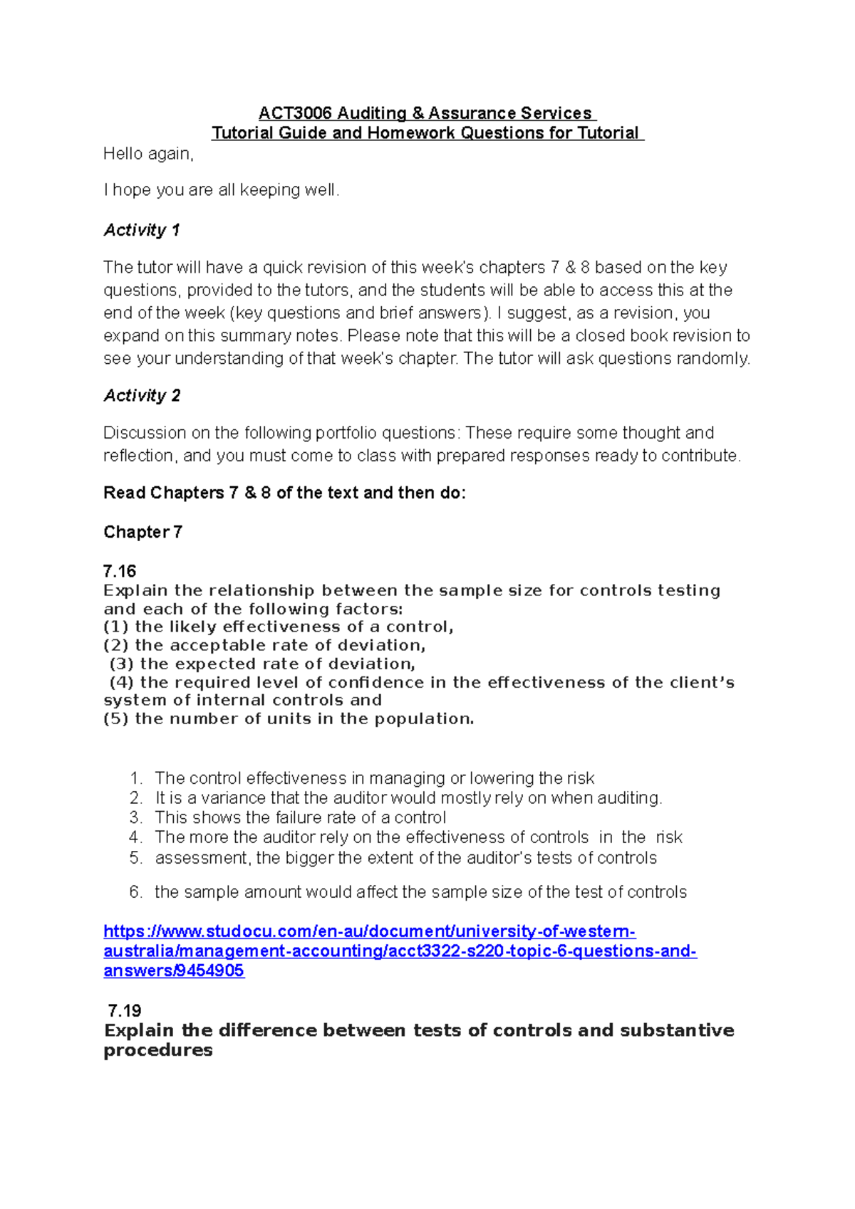 Week 7 - Protfolio - Audit - ACT3006 Auditing & Assurance Services Tutorial Guide and Homework ...